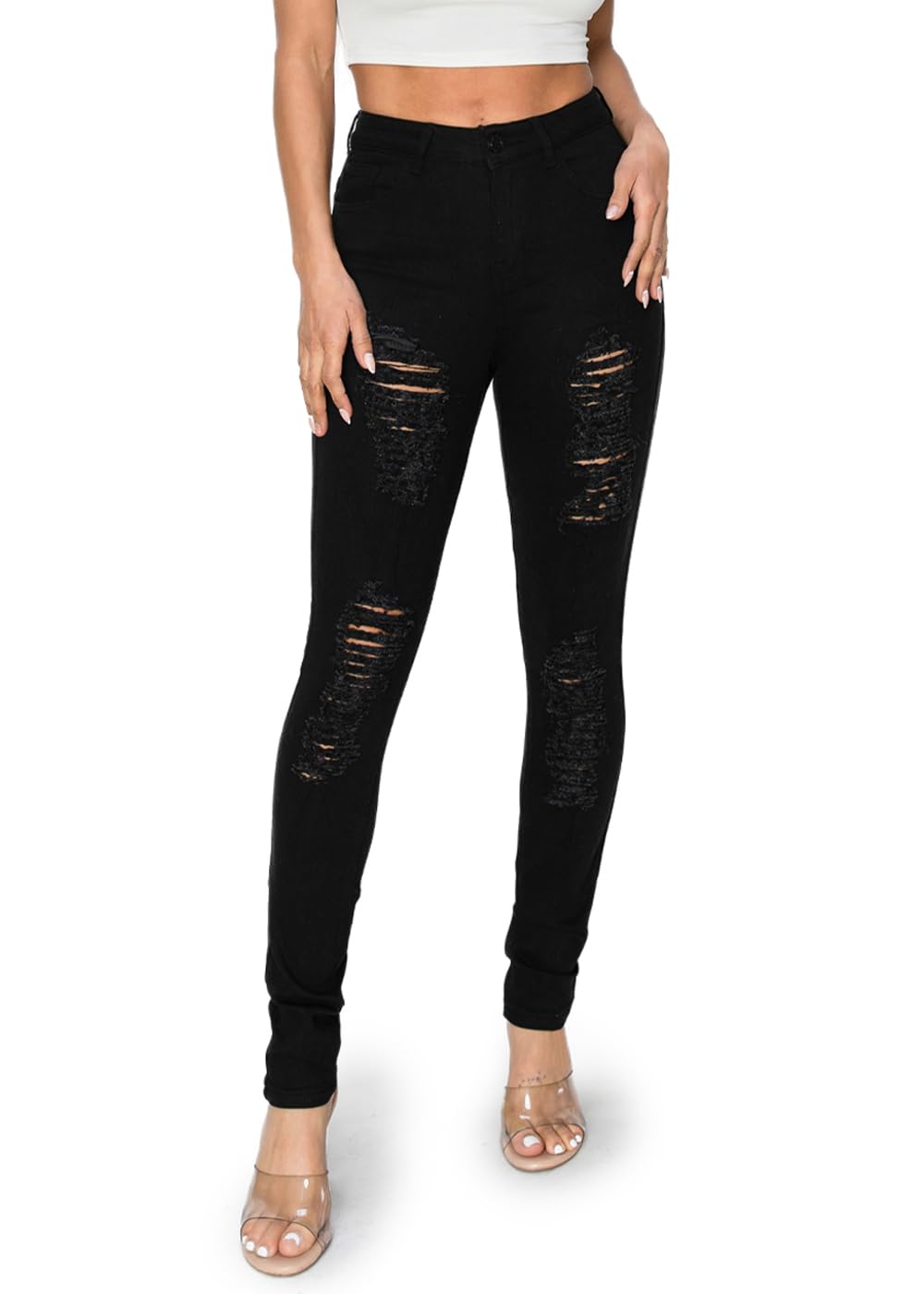 2LUV Women Junior Stretchy Mid Rise 5 Pocket Ripped Destroyed Ripped Skinny Jegging Jeans Back to School Clothing Apparel Black 5