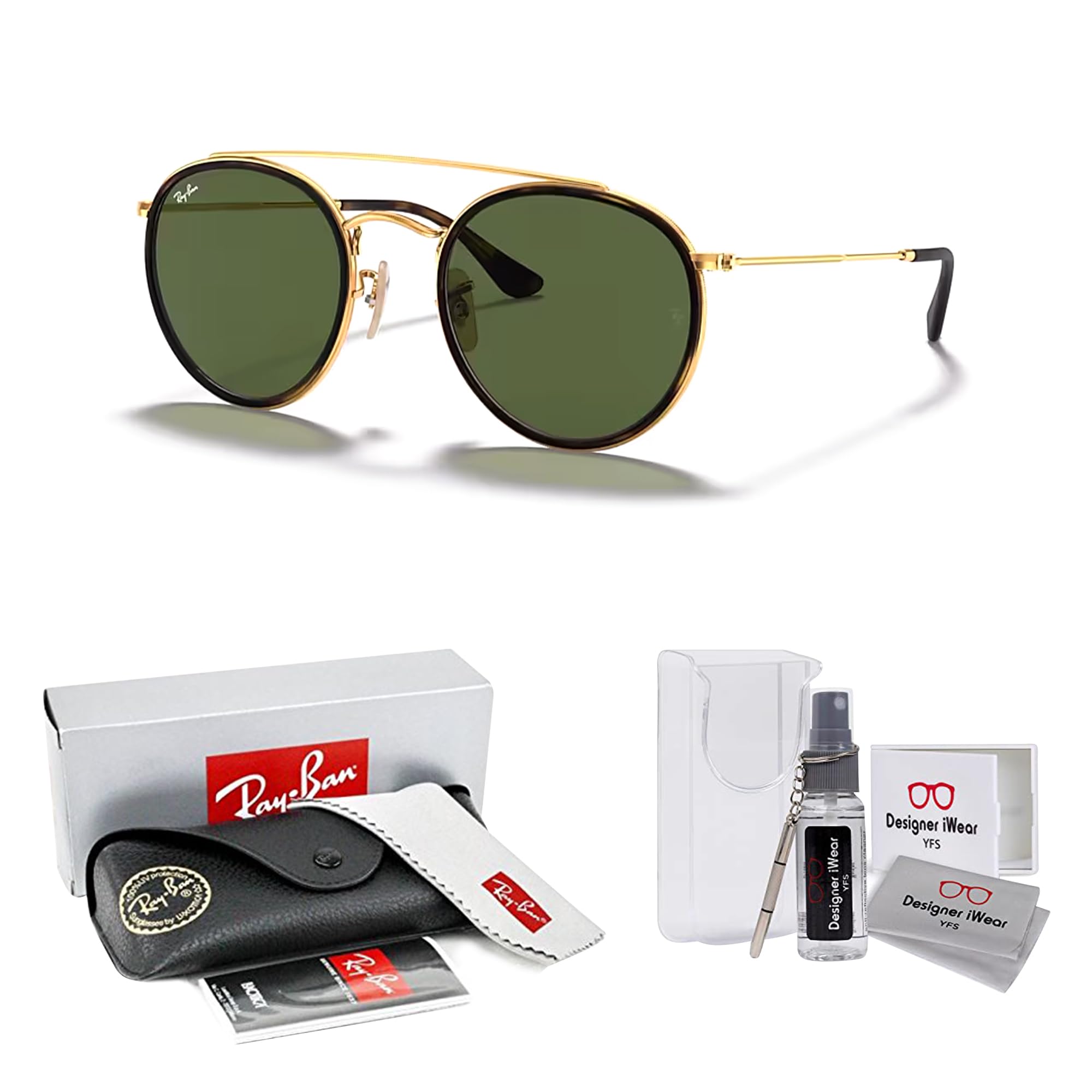 Ray-Ban RB3647N 001 51M Gold/Crystal Lens G-15 Green Round Sunglasses For Men For Women + BUNDLE with Designer iWear Eyewear Kit