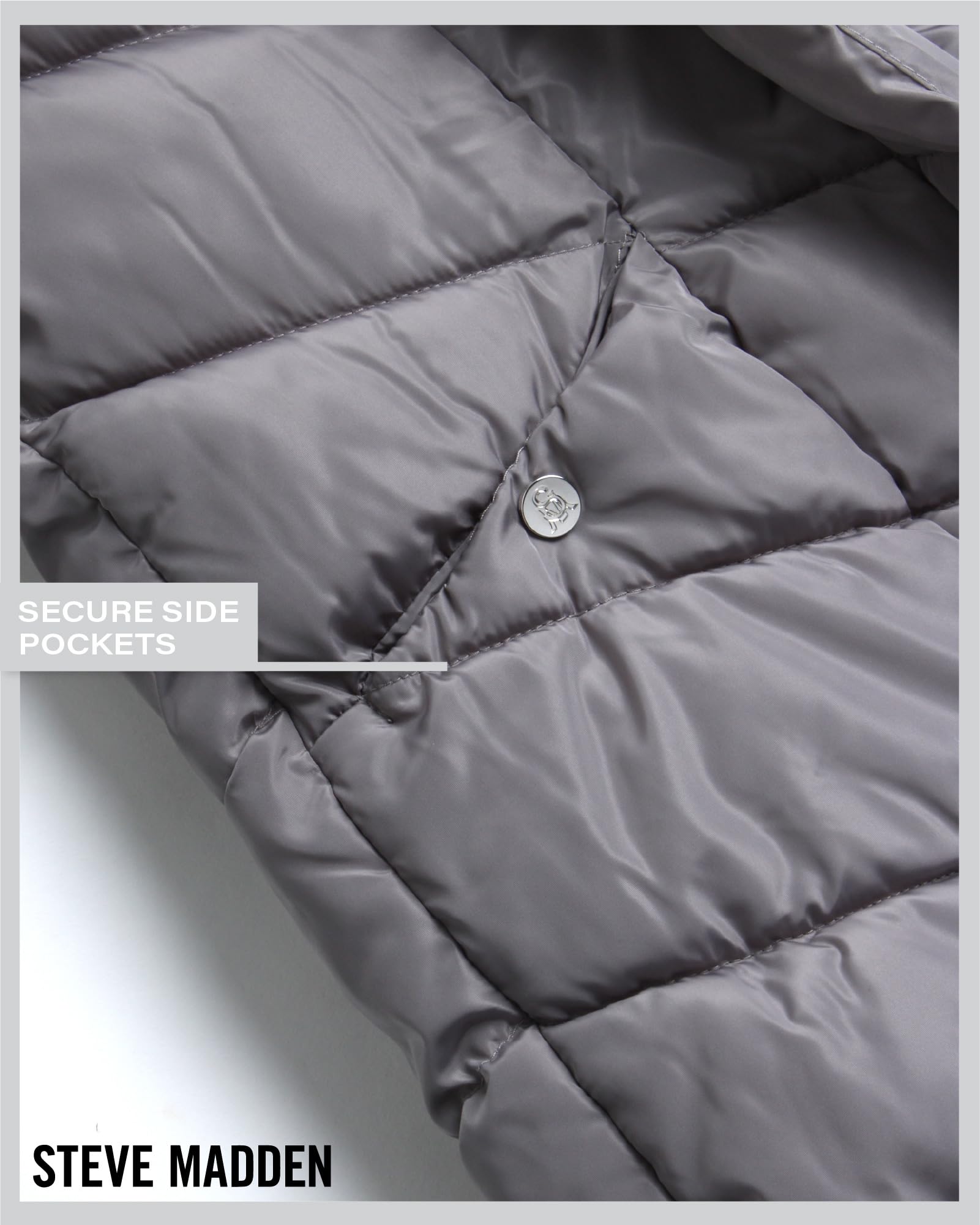 Steve Madden Women's Long Chervron Quilted Outerwear Jacket, Titanium, Large