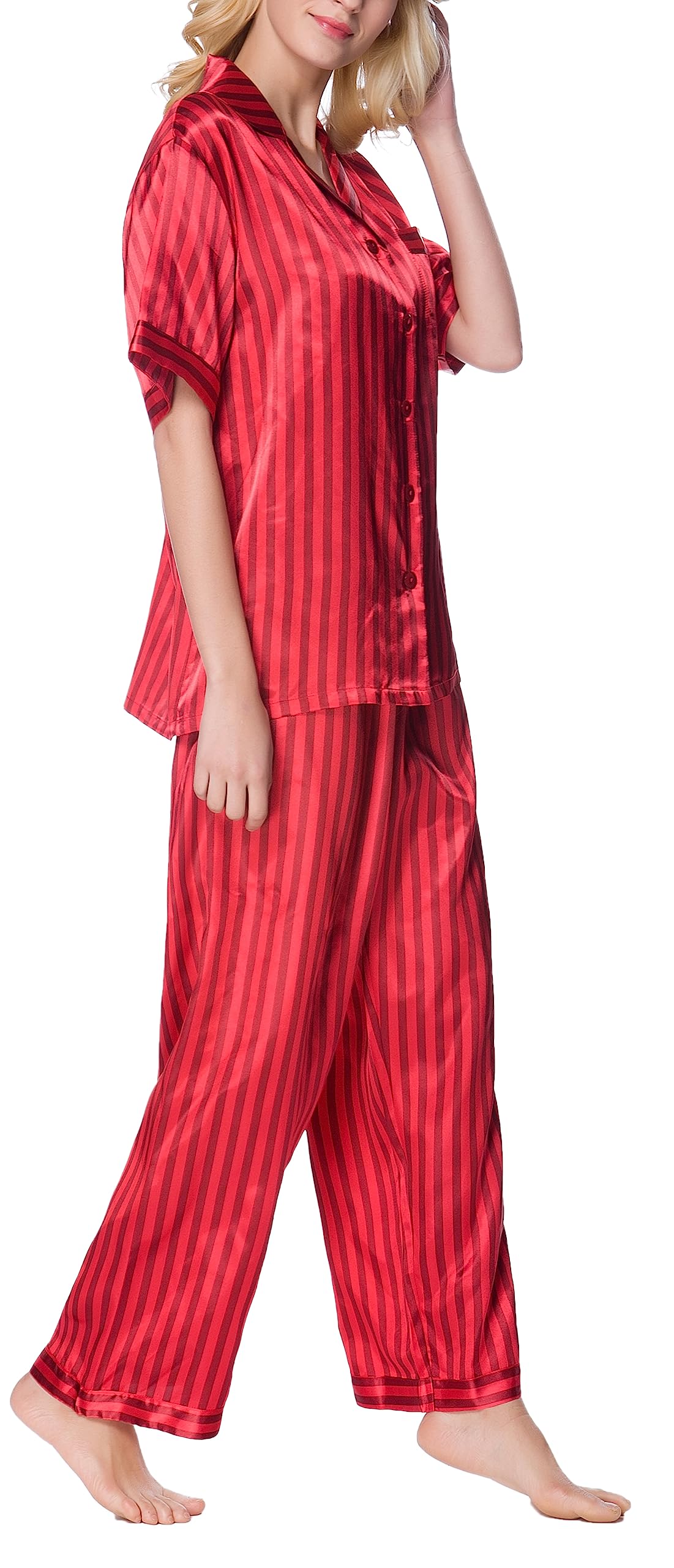 Lavenderi Women's Short Sleeve Classic Satin Pajama Set(Large,Red Stripe