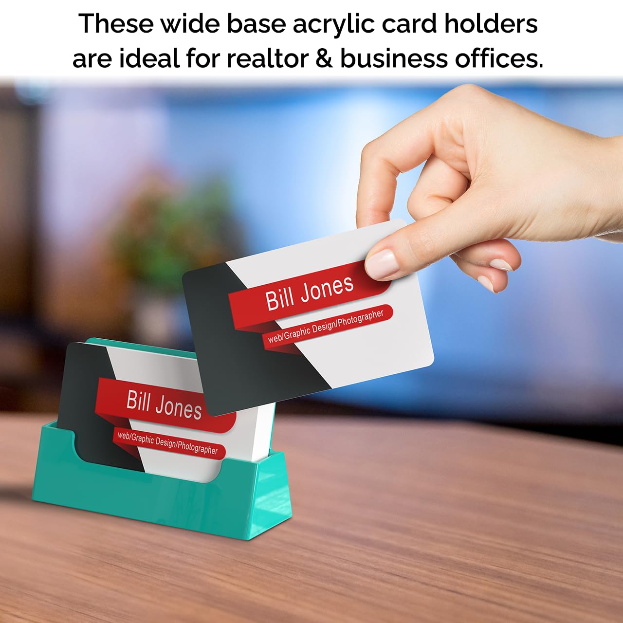 4 Pack Business Card Holder Desk Horizontal Holds 3.5" x 2" Gift Card Appointment Teal Green Acrylic Countertop Display Stand Tabletop for Any Business by Marketing Holders