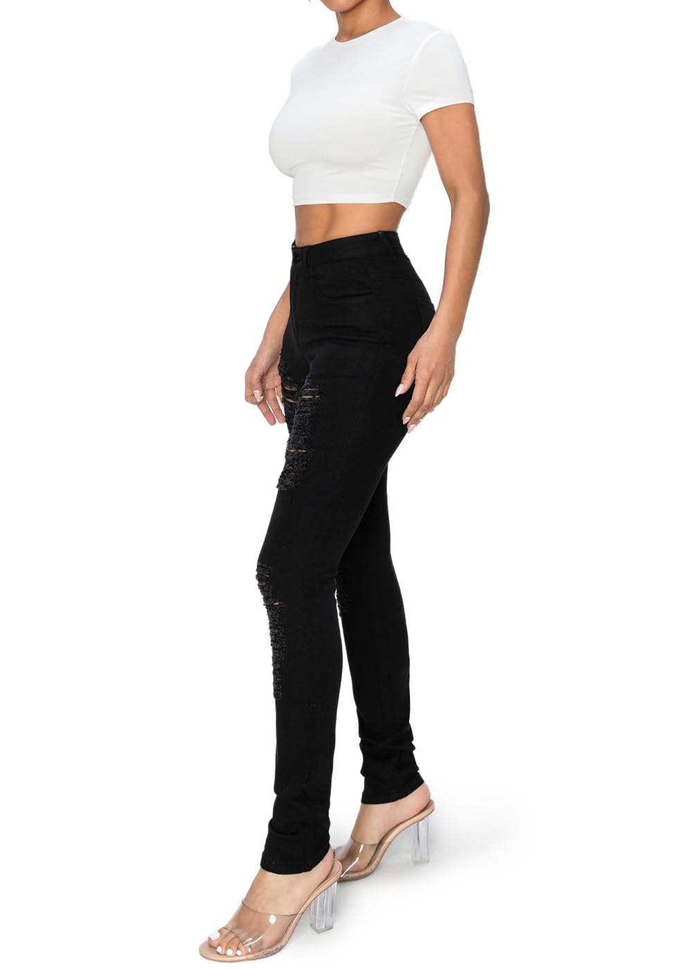 2LUV Women Junior Stretchy Mid Rise 5 Pocket Ripped Destroyed Ripped Skinny Jegging Jeans Back to School Clothing Apparel Black 5