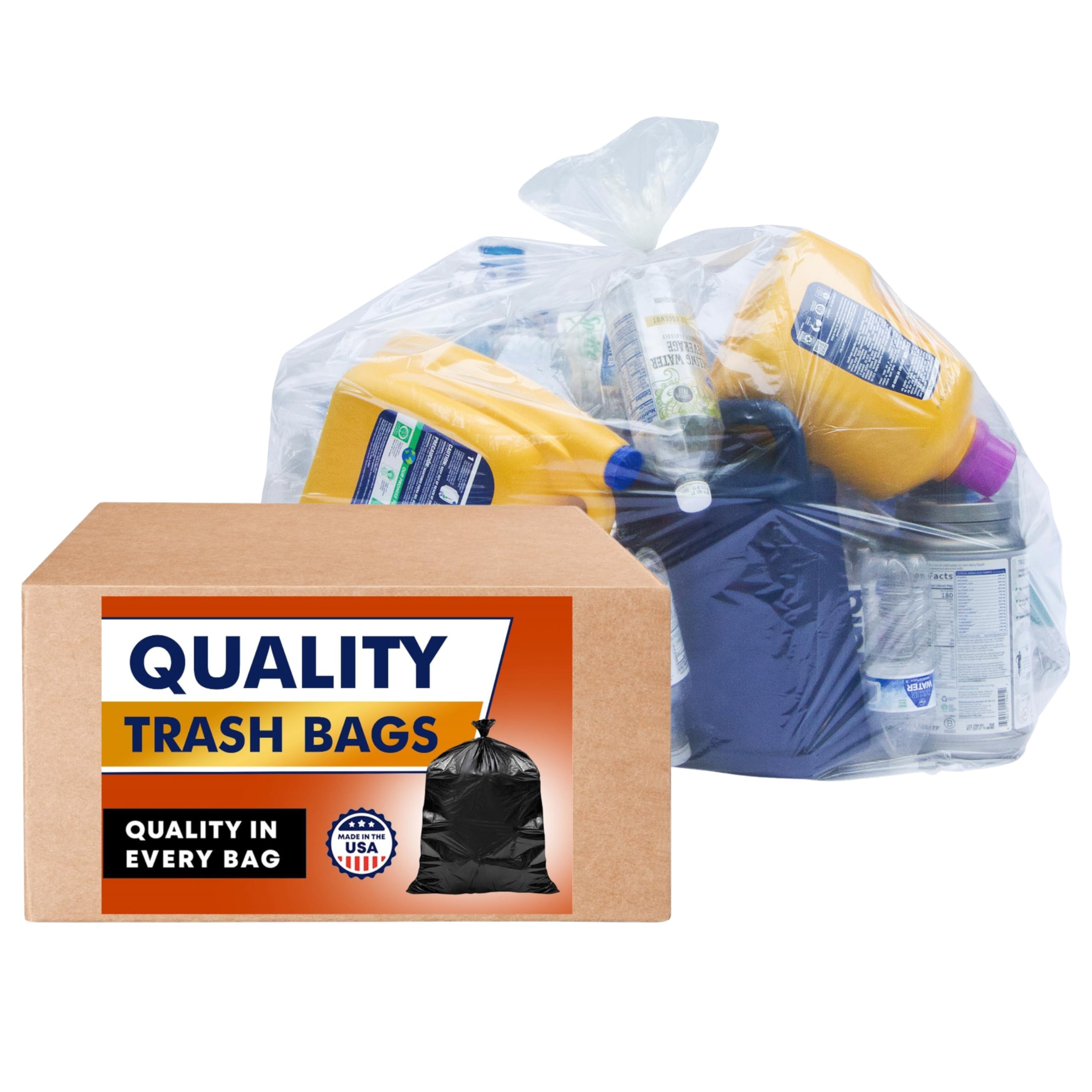 55 Gallon Clear Trash Bags, (50 Bags w/Ties) Large Clear Plastic Recycling Garbage Bags