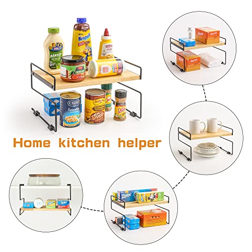 LINOVINO Cabinet Shelf Organizers, Kitchen Counter Organizer Rack Under Shelves Riser, Pantry Cupboard Storage Organization with Metal and Wood Combined, Black and Natural