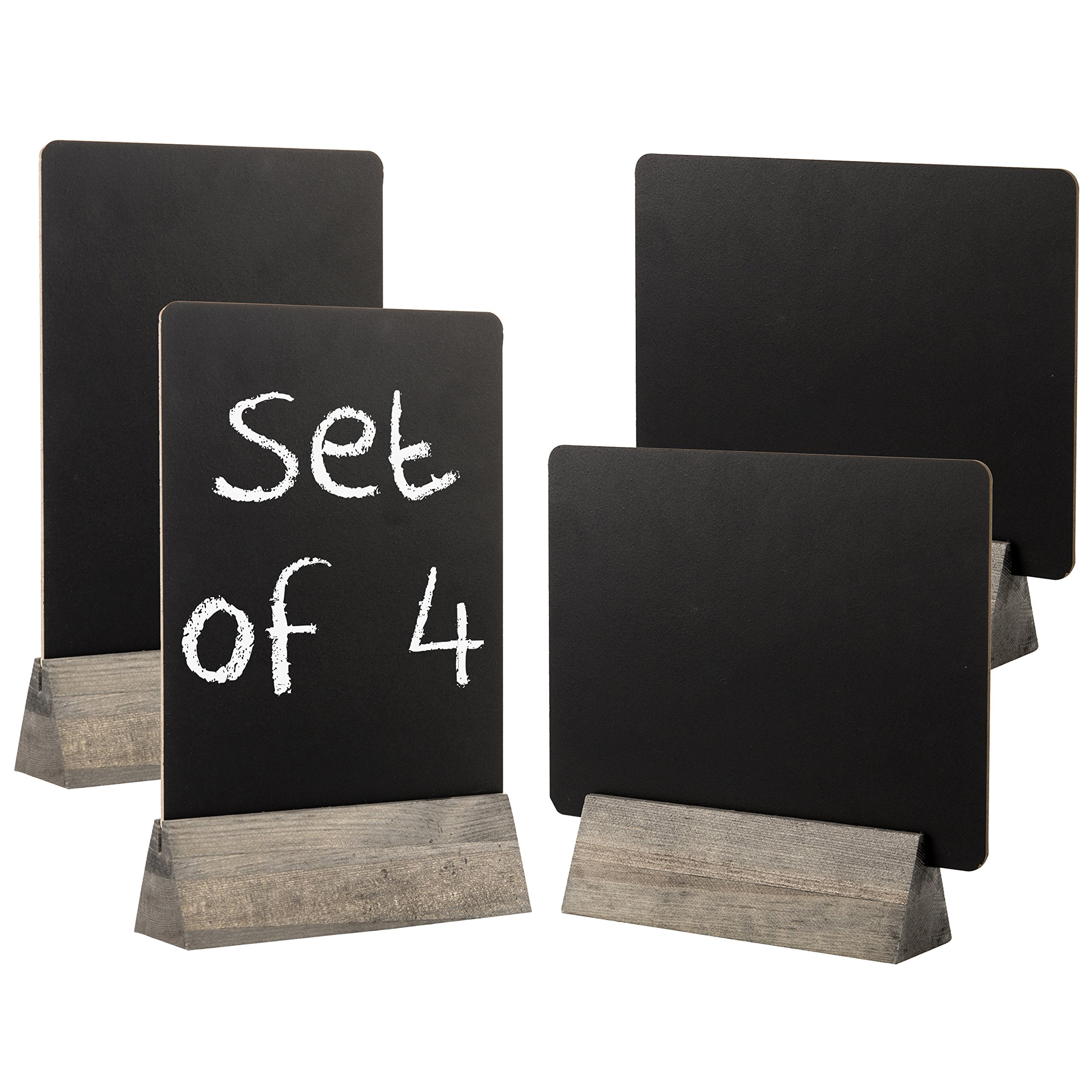 MyGift Set of 4 Tabletop Dual Sided Chalkboard Signs with Vintage Gray Solid Wood Base, Decorative Wedding Table Place Card Signage, Rustic Small Kitchen Countertop Memo Board