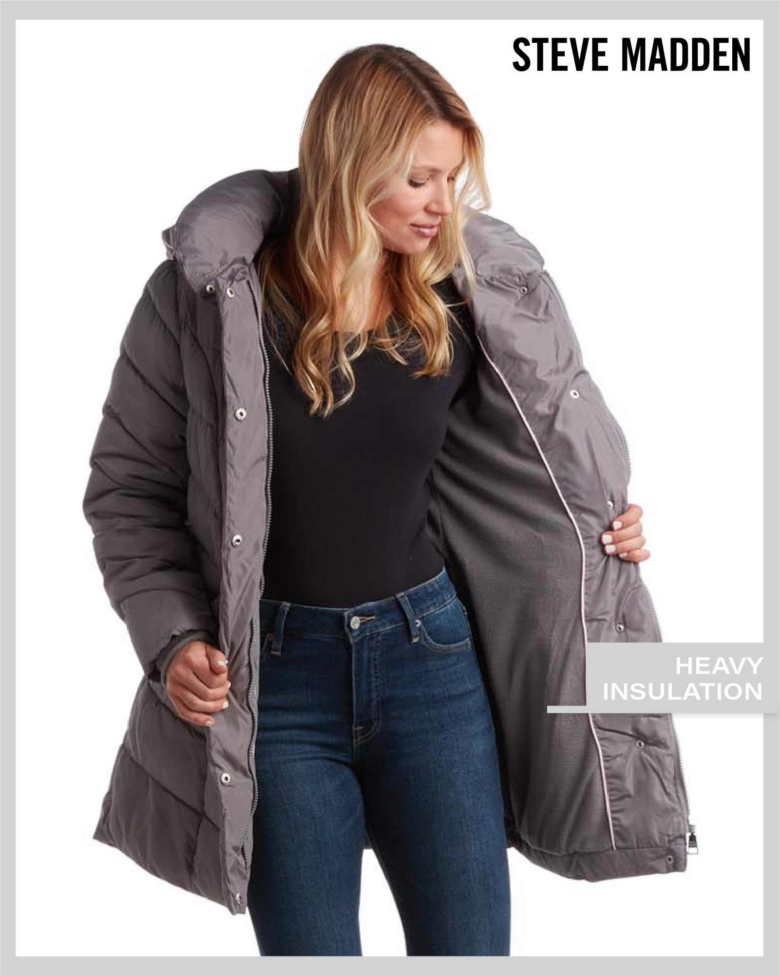 Steve Madden Women's Long Chervron Quilted Outerwear Jacket, Titanium, Large