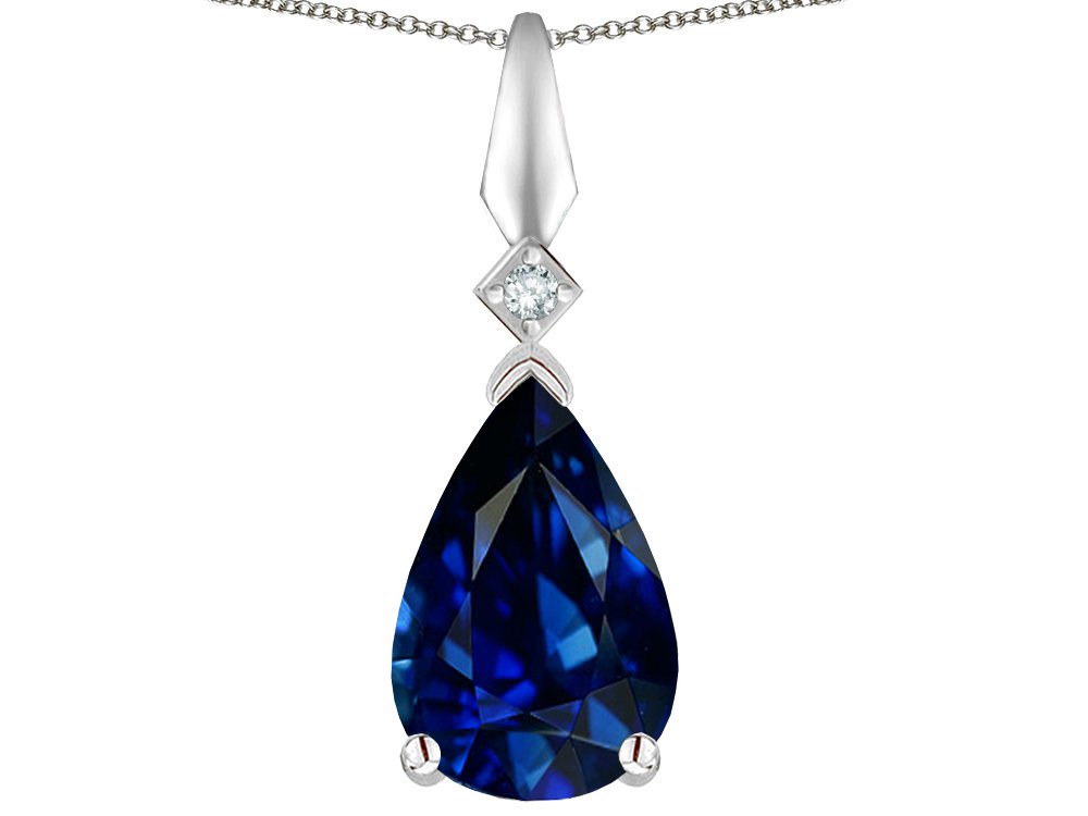 Star K Created Sapphire Drop Pear Shaped Pendant Necklace 14 kt White Gold