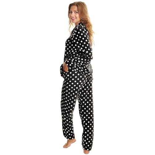 Angelina Women's Pajama Set Cozy Fleece with Notch Collar and Pockets | PJ56_S | Black with White Dots