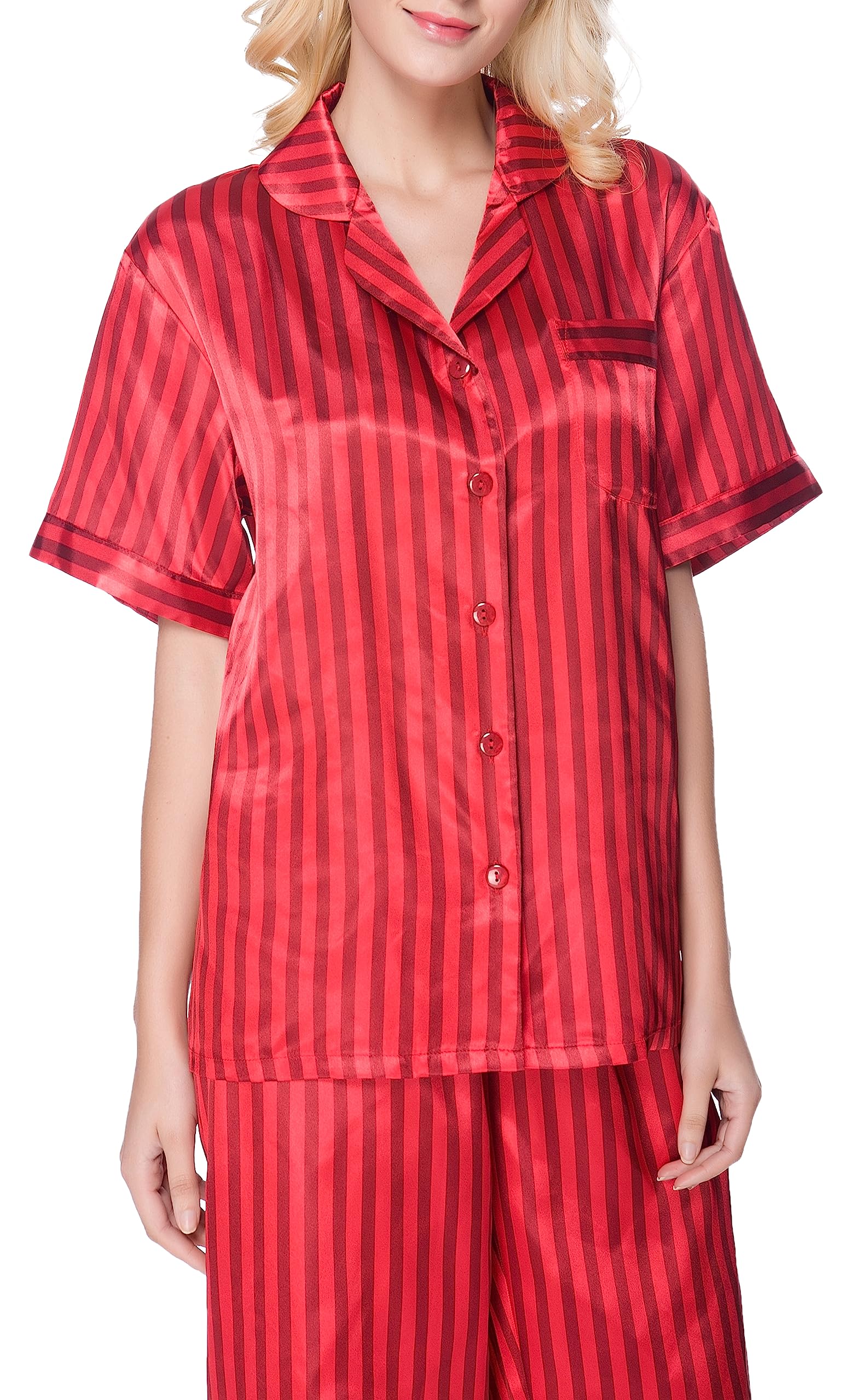 Lavenderi Women's Short Sleeve Classic Satin Pajama Set(Large,Red Stripe