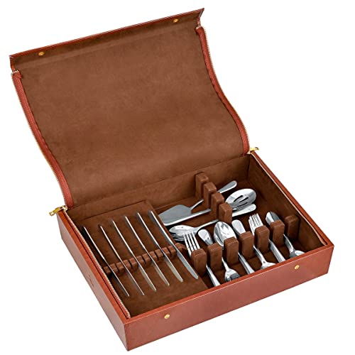 AdirHome Kitchen Silverware Utensil Holder, Leather Storage Box with Organizer Tray for Kitchen Tools Accessories Flatware Cutlery Set Knife Holder, Brown