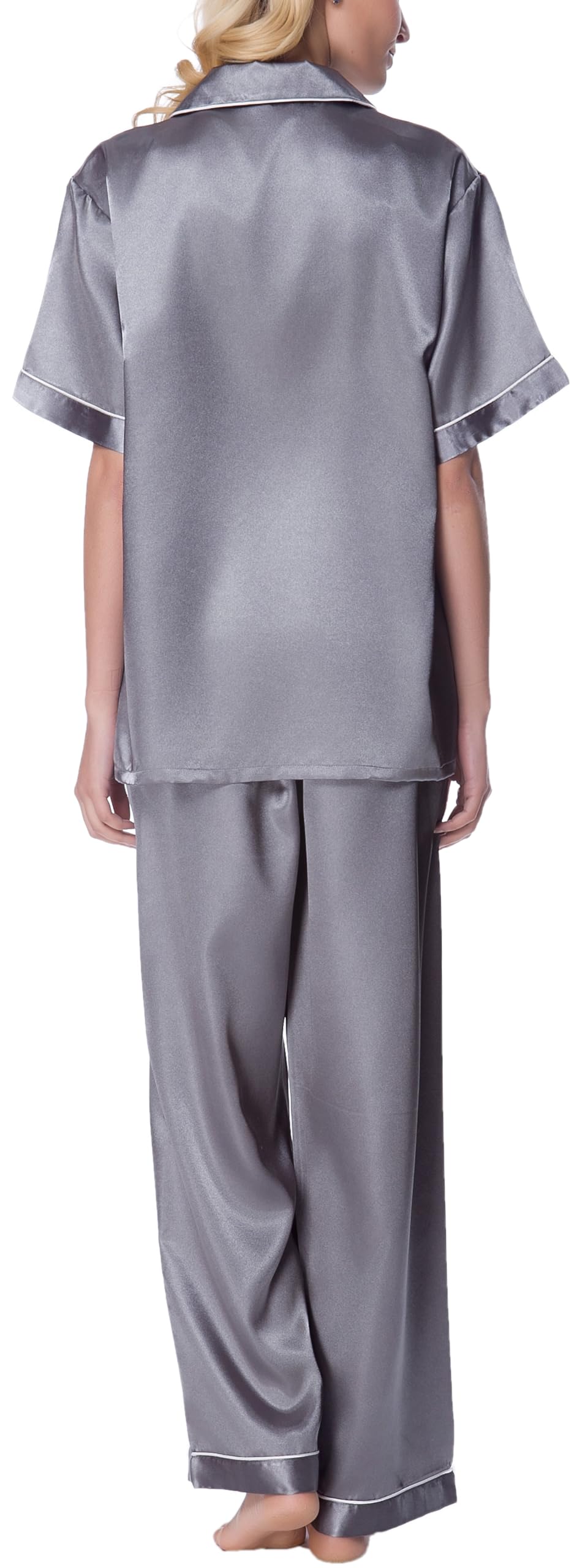 Lavenderi Women's Short Sleeve Classic Satin Pajama Set(X-Large,Silver Grey