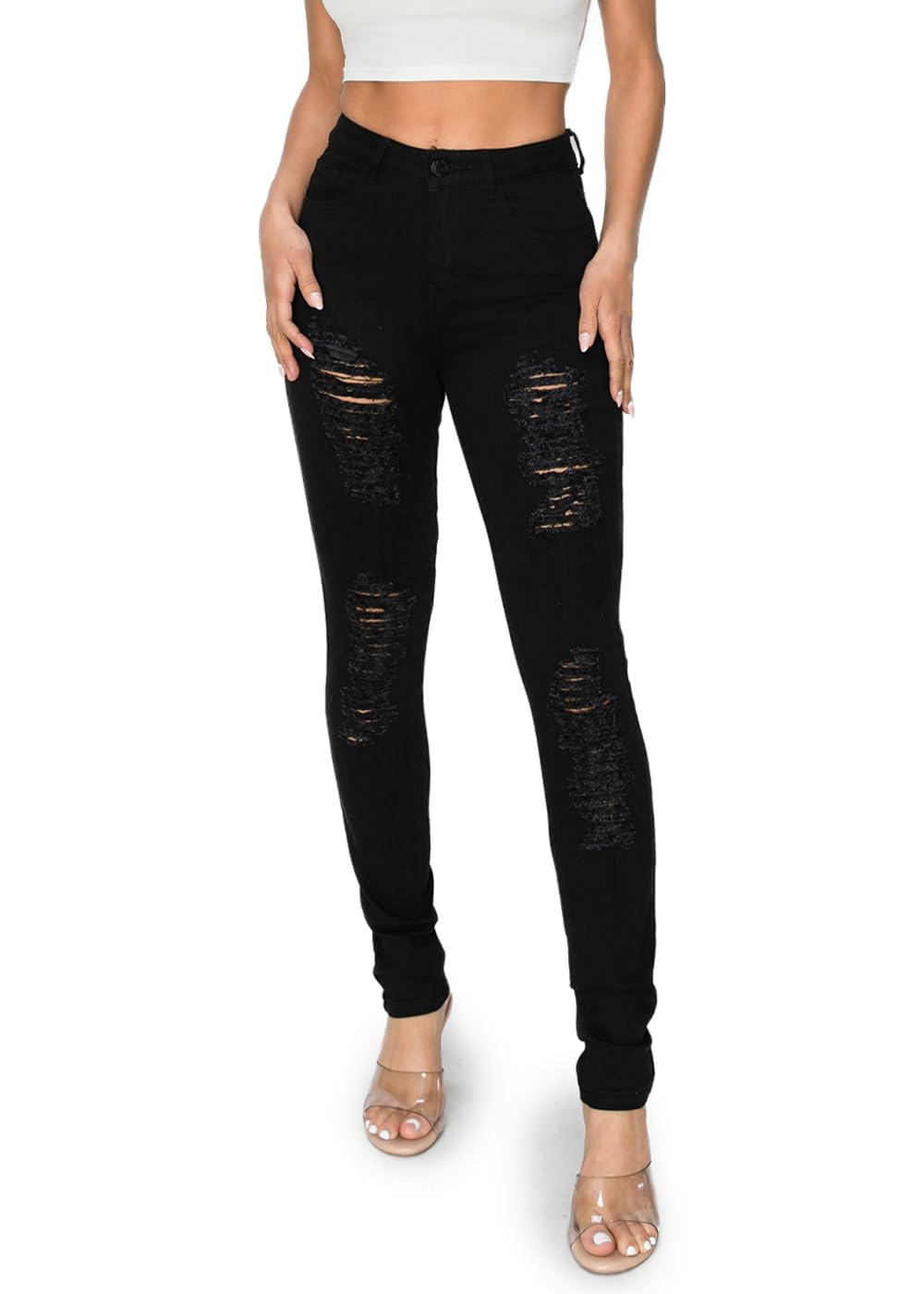 2LUV Women Junior Stretchy Mid Rise 5 Pocket Ripped Destroyed Ripped Skinny Jegging Jeans Back to School Clothing Apparel Black 5