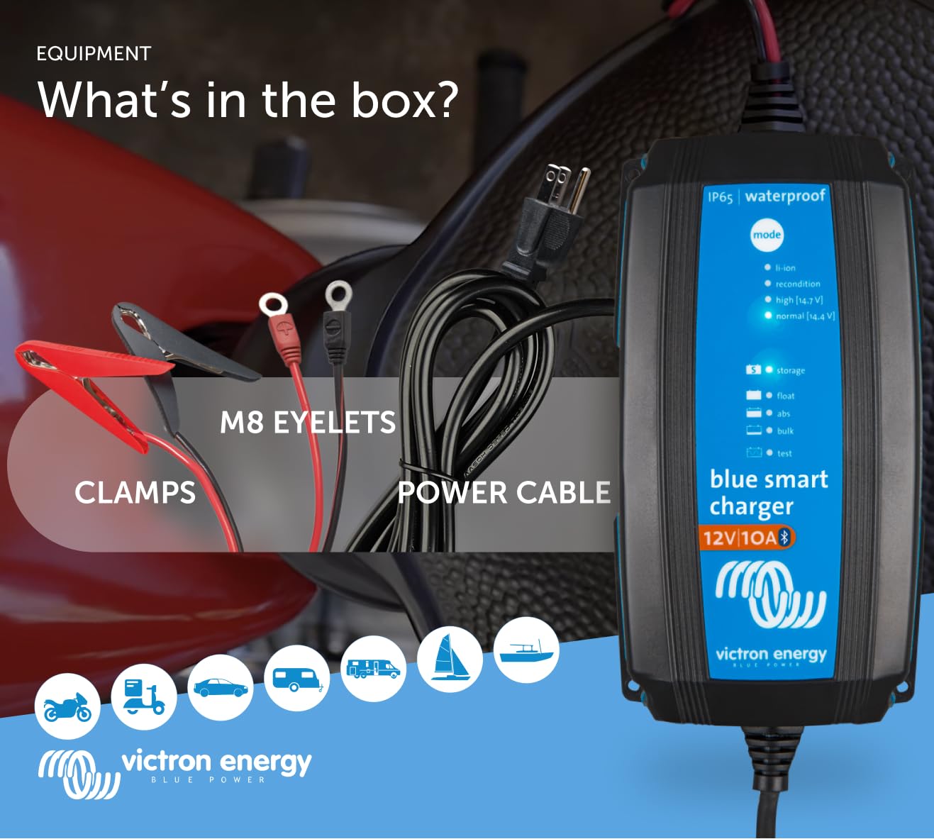 Victron Energy Blue Smart IP65 Smart Car Battery Charger 12V 10A, Float & Trickle Charger and Desulfator for Motorcycle, ATV, RV, Lithium and Deep Cycle Batteries