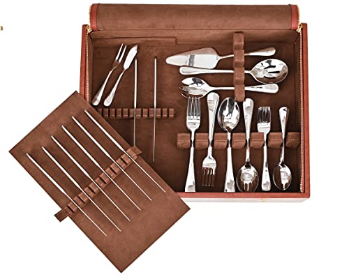 AdirHome Kitchen Silverware Utensil Holder, Leather Storage Box with Organizer Tray for Kitchen Tools Accessories Flatware Cutlery Set Knife Holder, Brown