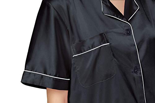 NANJUN Womens Silk Satin Pajamas Short Sleeve Sleepwear Bride Soft Button Down Loungewear 2 Piece Pjs Set XS-3XL(black,l0)