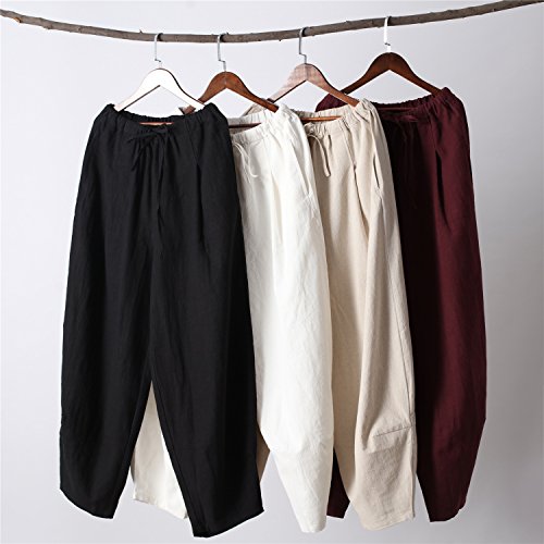 LZJN Men's Linen Drawstring Pant with Elastic Waistband (White, XL)