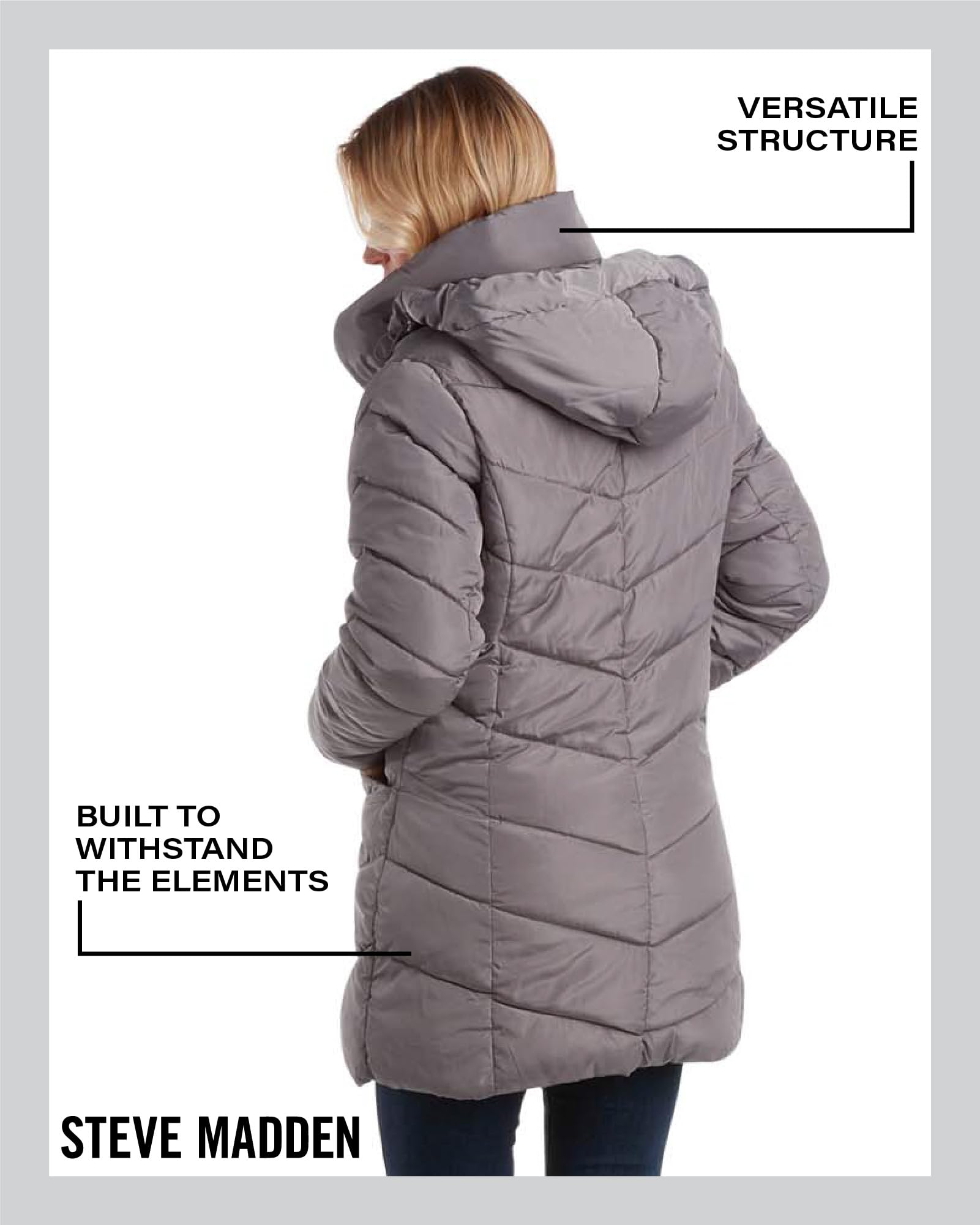 Steve Madden Women's Long Chervron Quilted Outerwear Jacket, Titanium, Large