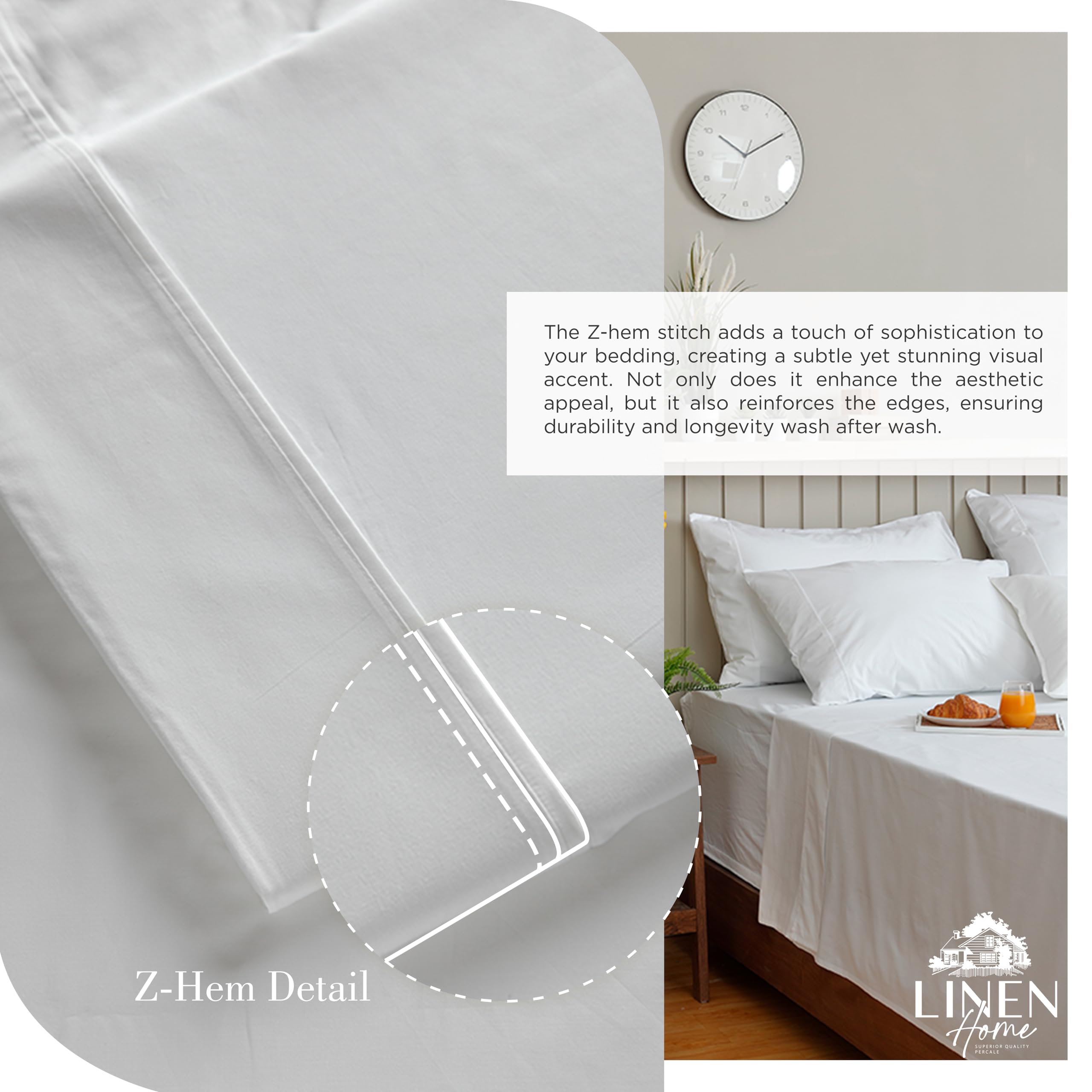 Linen Home 100% Cotton Percale Sheets Twin Size, White, Deep Pocket, 3 Pieces Set - 1 Flat, 1 Deep Pocket Fitted Sheet and 1 Pillowcase, Crisp Cool and Strong Bed Linen