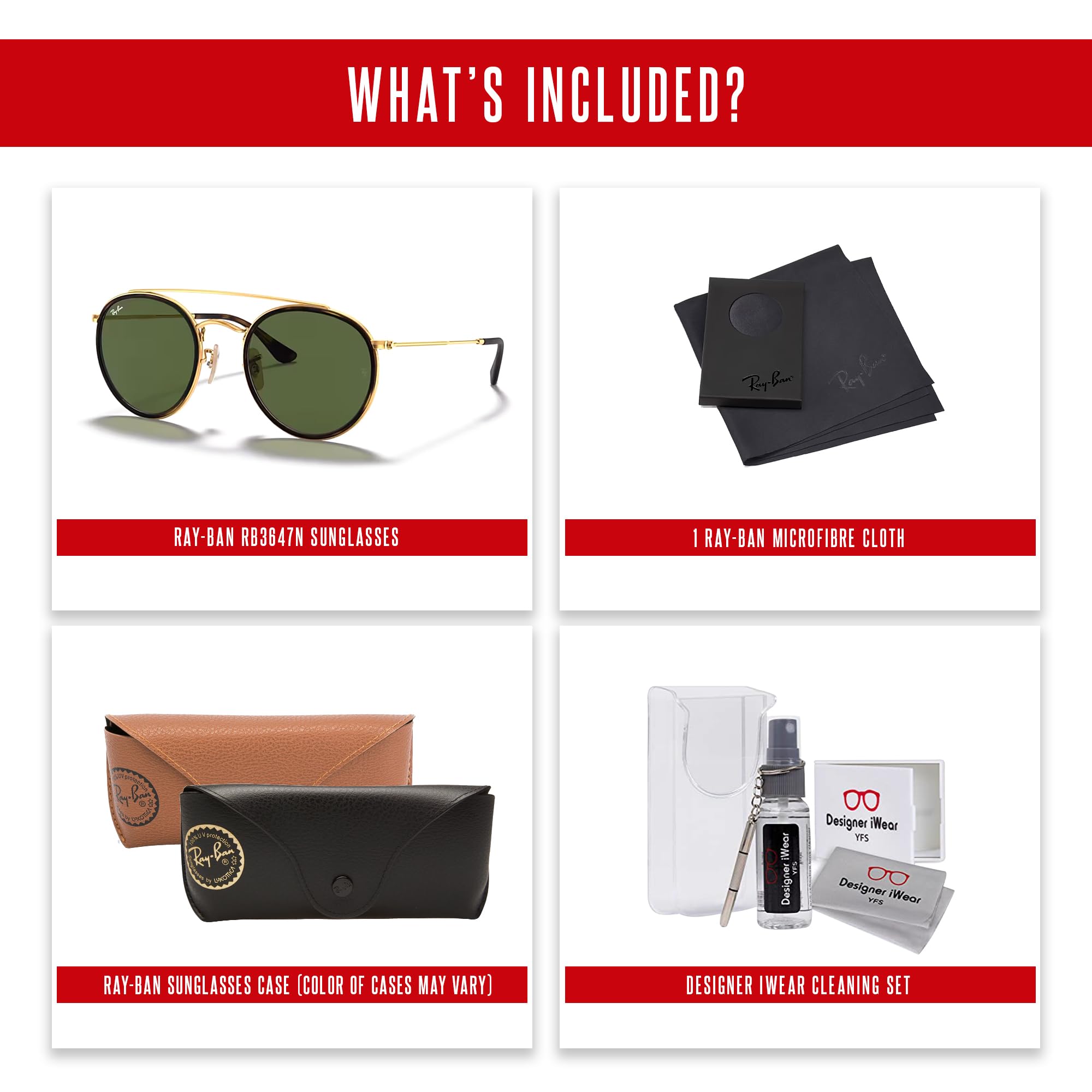 Ray-Ban RB3647N 001 51M Gold/Crystal Lens G-15 Green Round Sunglasses For Men For Women + BUNDLE with Designer iWear Eyewear Kit