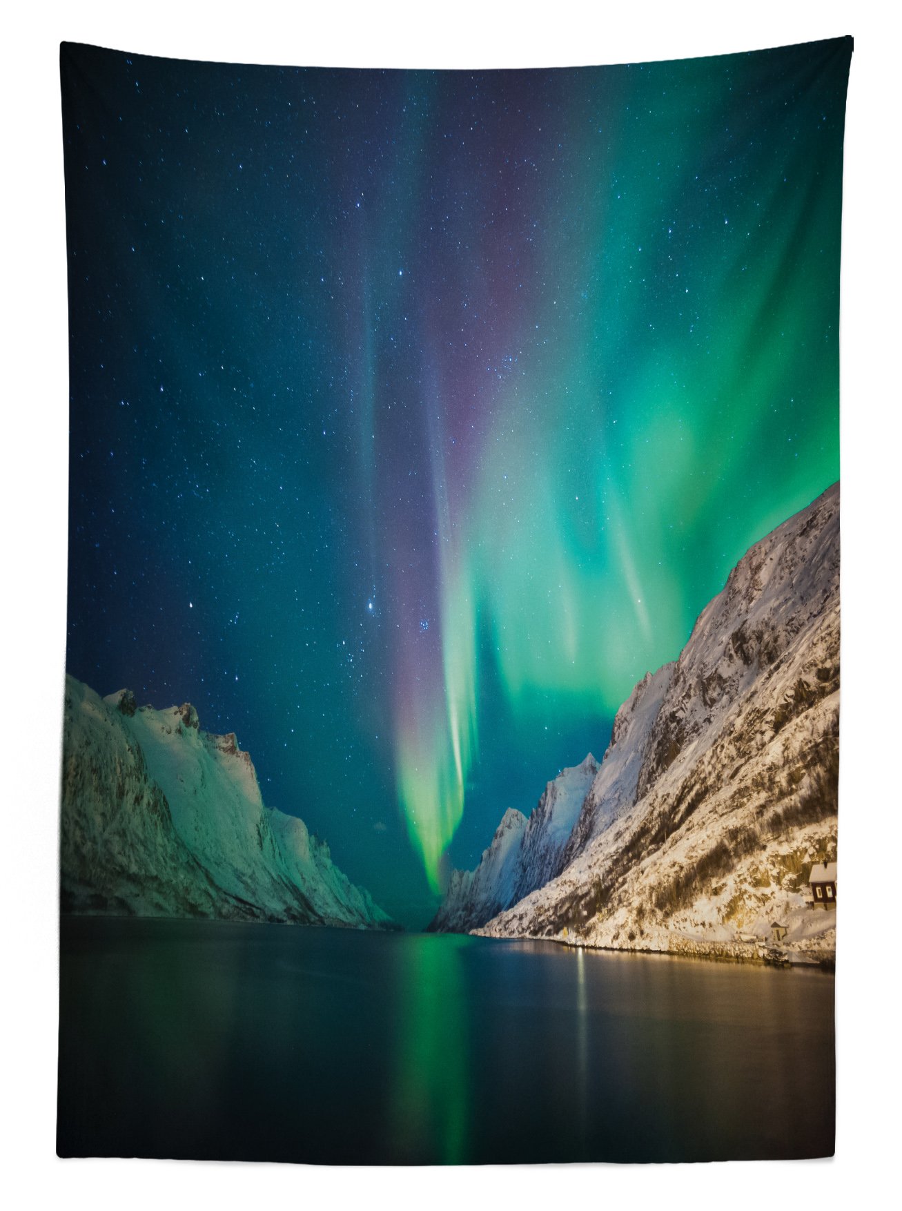 Ambesonne Nature Outdoor Tablecloth, Aurora Borealis Above The Rocky Hills Poles Solar Space Panorama Scenery Print, Decorative Washable Picnic Table Cloth, 58" X 104", Jade Green