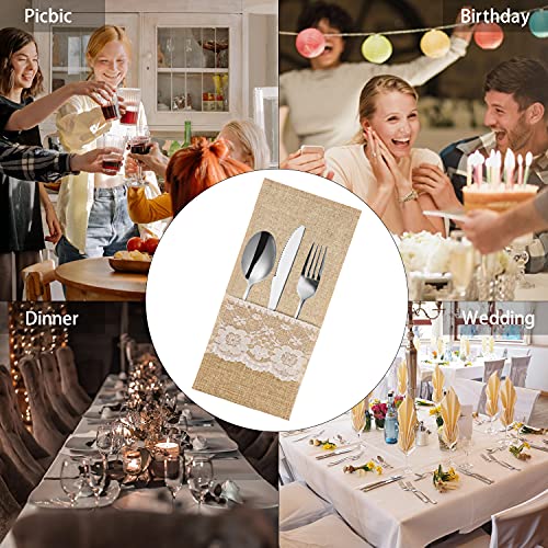 Gbateri 30 Pack Natural Burlap Cutlery Pouch,Burlap Silverware Holders Silverware Bags, Hessian Burlap Lace Utensil Napkin Holders, Knifes Forks Bag with Cotton Inner for Vintage Wedding Christmas