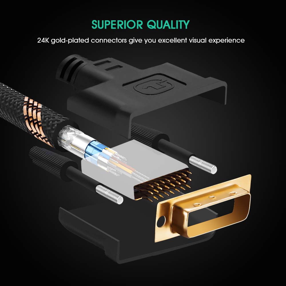 DVI to DVI Cable 25Ft,Nylon Braided DVI-D 24+1 Dual Link Male to Male Digital Video Cable Gold Plated with Ferrite Core Support 2560x1600 for Gaming, DVD, Laptop, HDTV and Projector (25 Ft/8M)