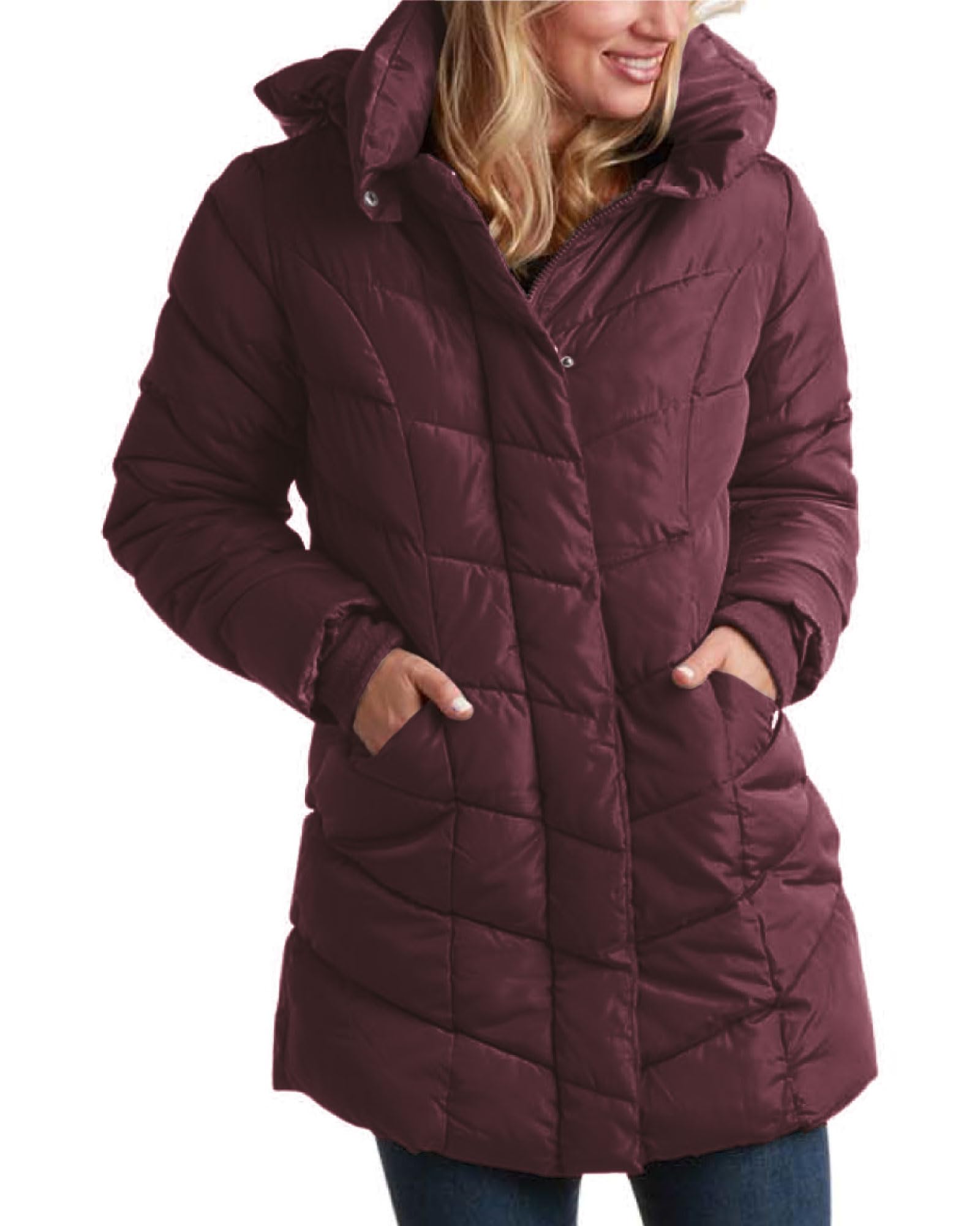 Steve Madden Women's Long Chervron Quilted Outerwear Jacket, Merlot, Medium