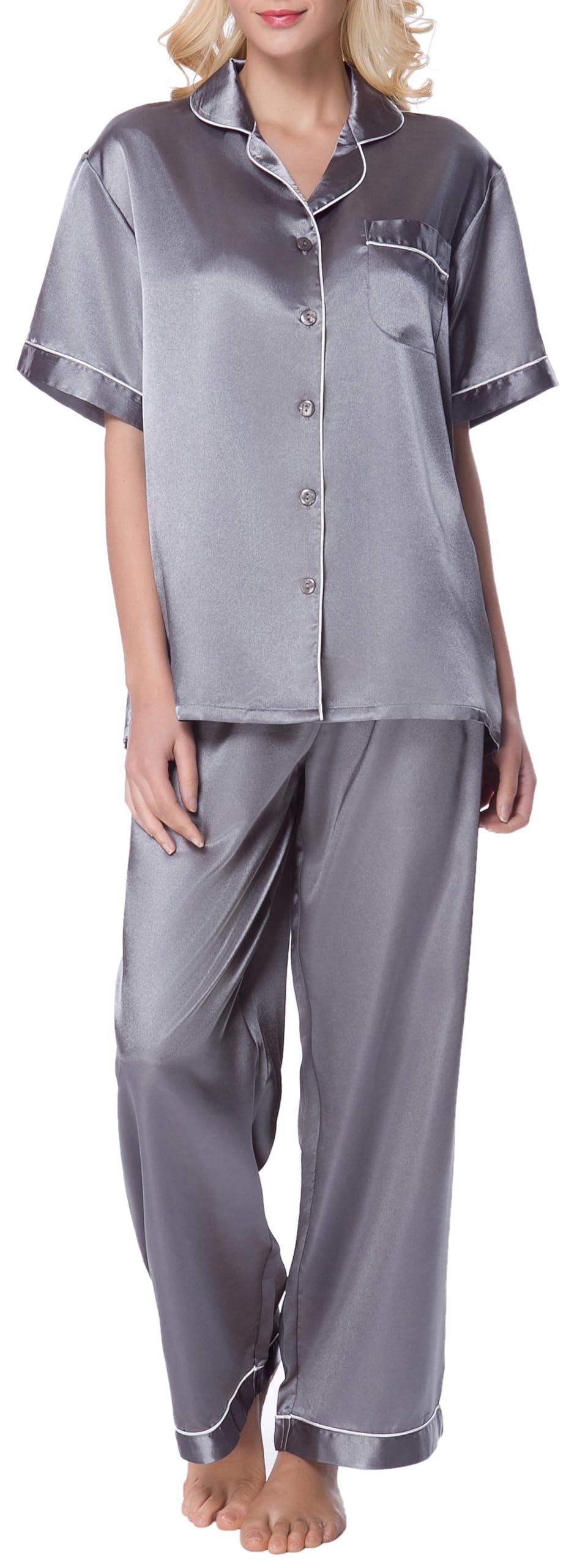 Lavenderi Women's Short Sleeve Classic Satin Pajama Set（X-Large,Silver Grey