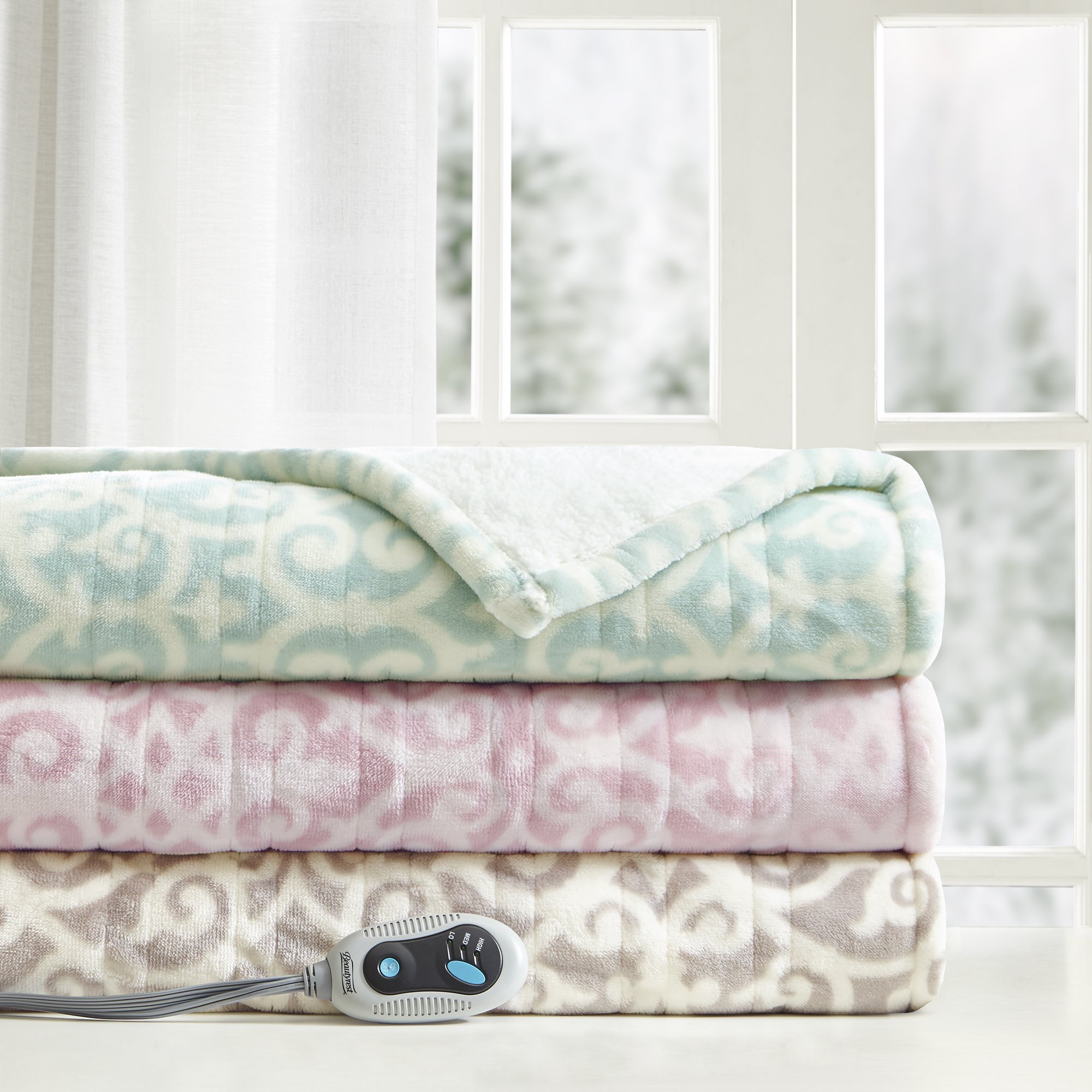 Beautyrest Ultra Soft Sherpa Berber Fleece Electric Poncho Wrap Blanket Heated Throw with Auto Shutoff, 50 in x 64 in, Dusty Blue Lattice