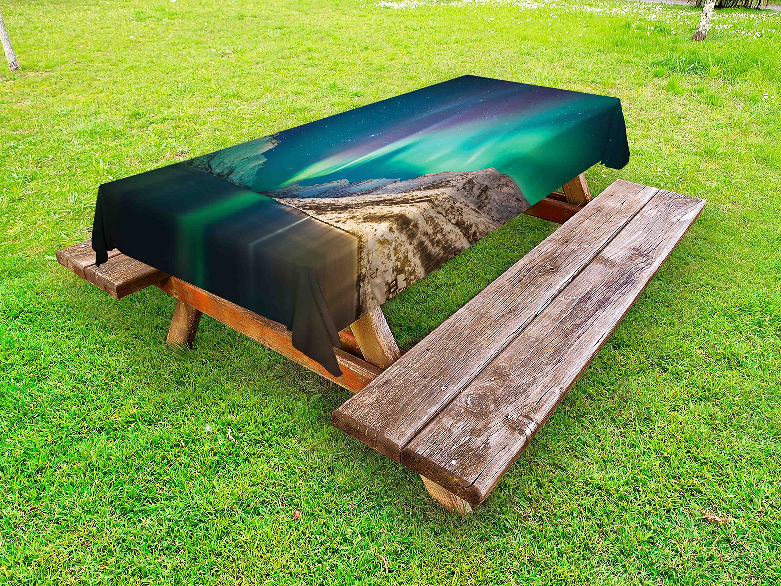 Ambesonne Nature Outdoor Tablecloth, Aurora Borealis Above The Rocky Hills Poles Solar Space Panorama Scenery Print, Decorative Washable Picnic Table Cloth, 58" X 104", Jade Green