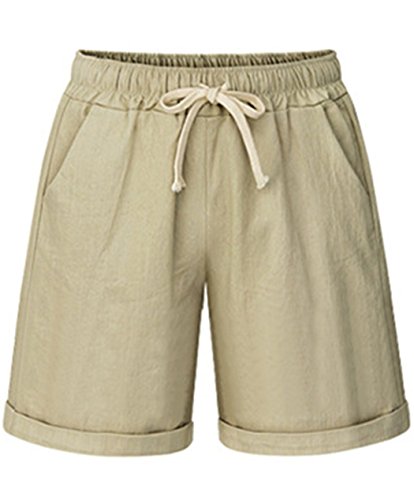 Vcansion Women's Casual Cotton Elastic Waist Knee Length Loose Comfy Beach Shorts with Drawstring Khaki US 4-6/Asian XL