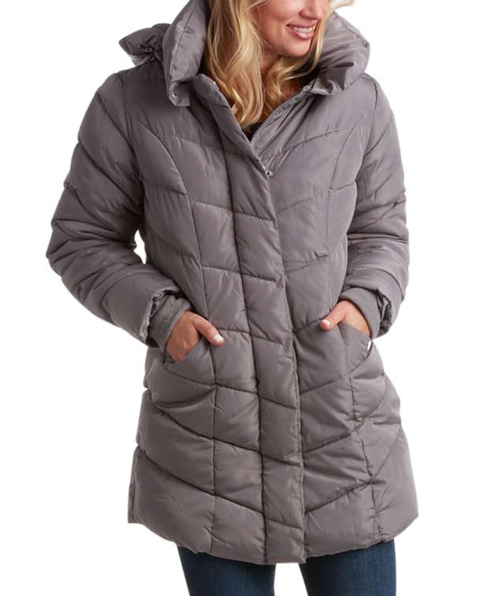 Steve Madden Women's Long Chervron Quilted Outerwear Jacket, Titanium, Large