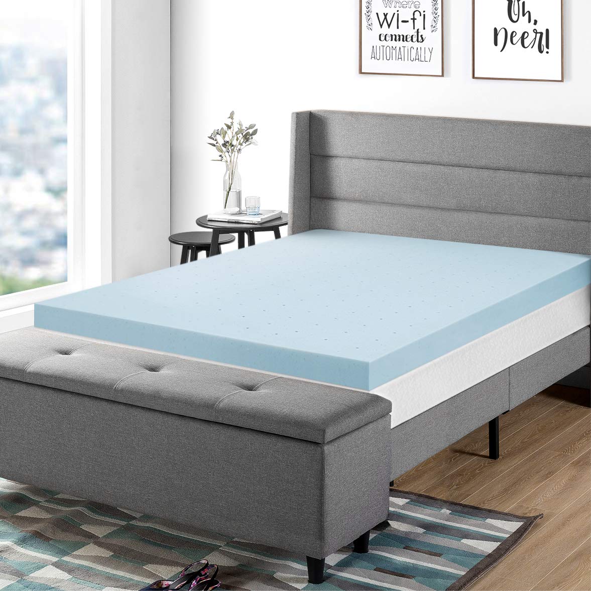 Best Price Mattress 4 Inch Ventilated Memory Foam Mattress Topper, Cooling Gel Infusion, CertiPUR-US Certified, Short Queen Light Blue