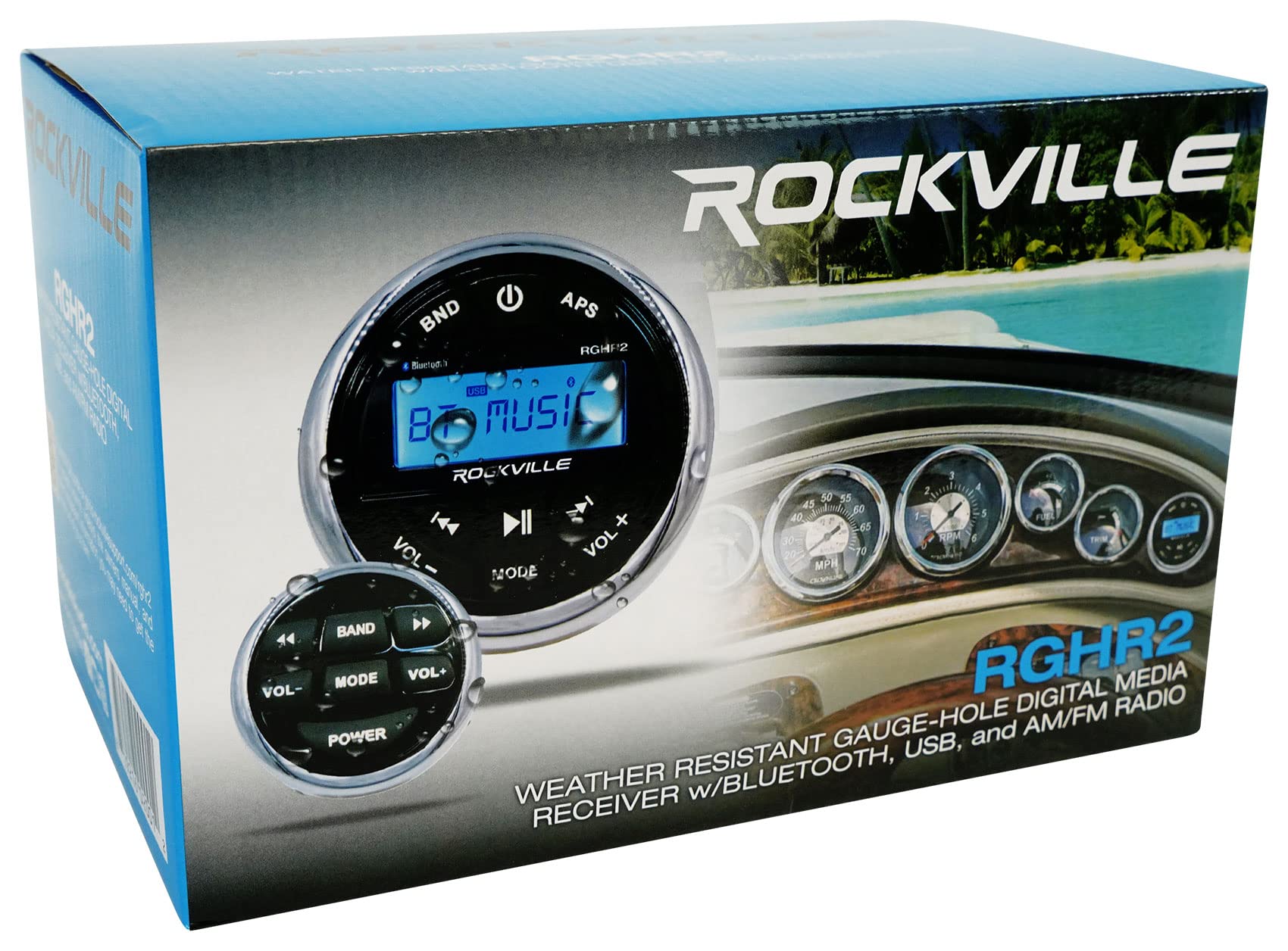 Rockville RGHR2 Marine Gauge Hole Receiver W Bluetooth USB, Radio + Wired Remote