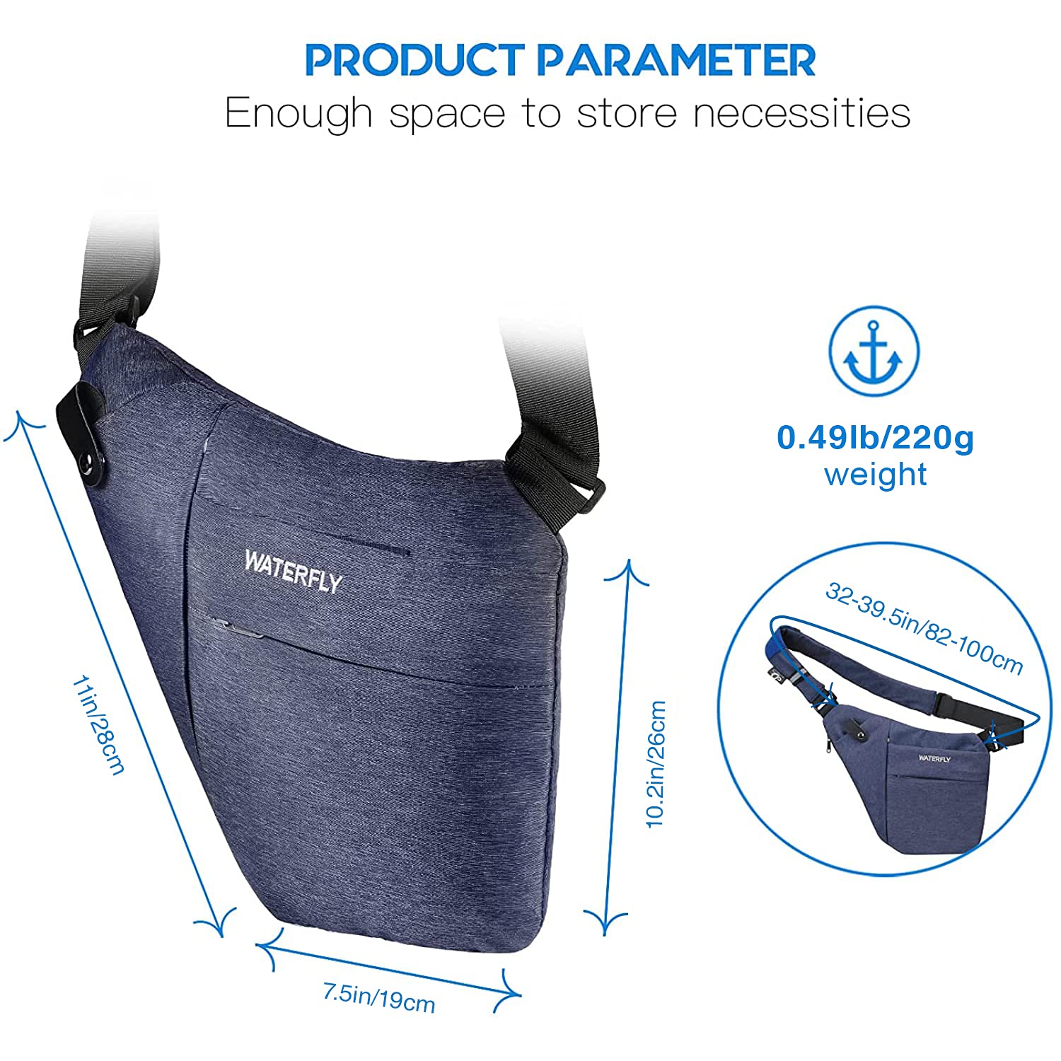 WATERFLY Sling Crossbody Chest Bag: Slim Anti-Theft Cross Body Bag Over Shoulder Backpack Stealth Side Pack Man Woman