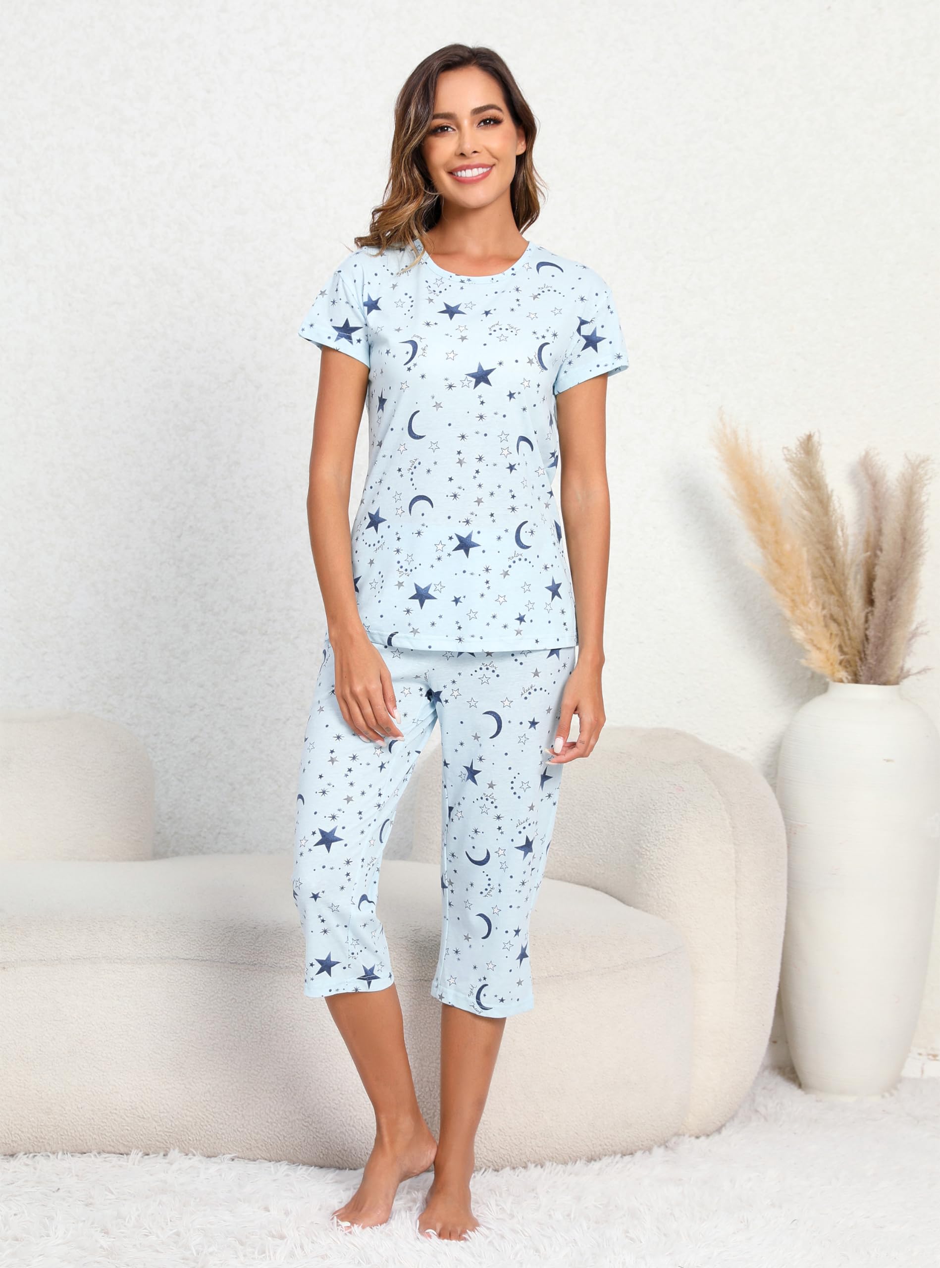PNAEONG Women’s Pajama Set - Cotton-Blend Short-Sleeve Loose Top with Matching Capri Bottoms SY215-Blue Star-L