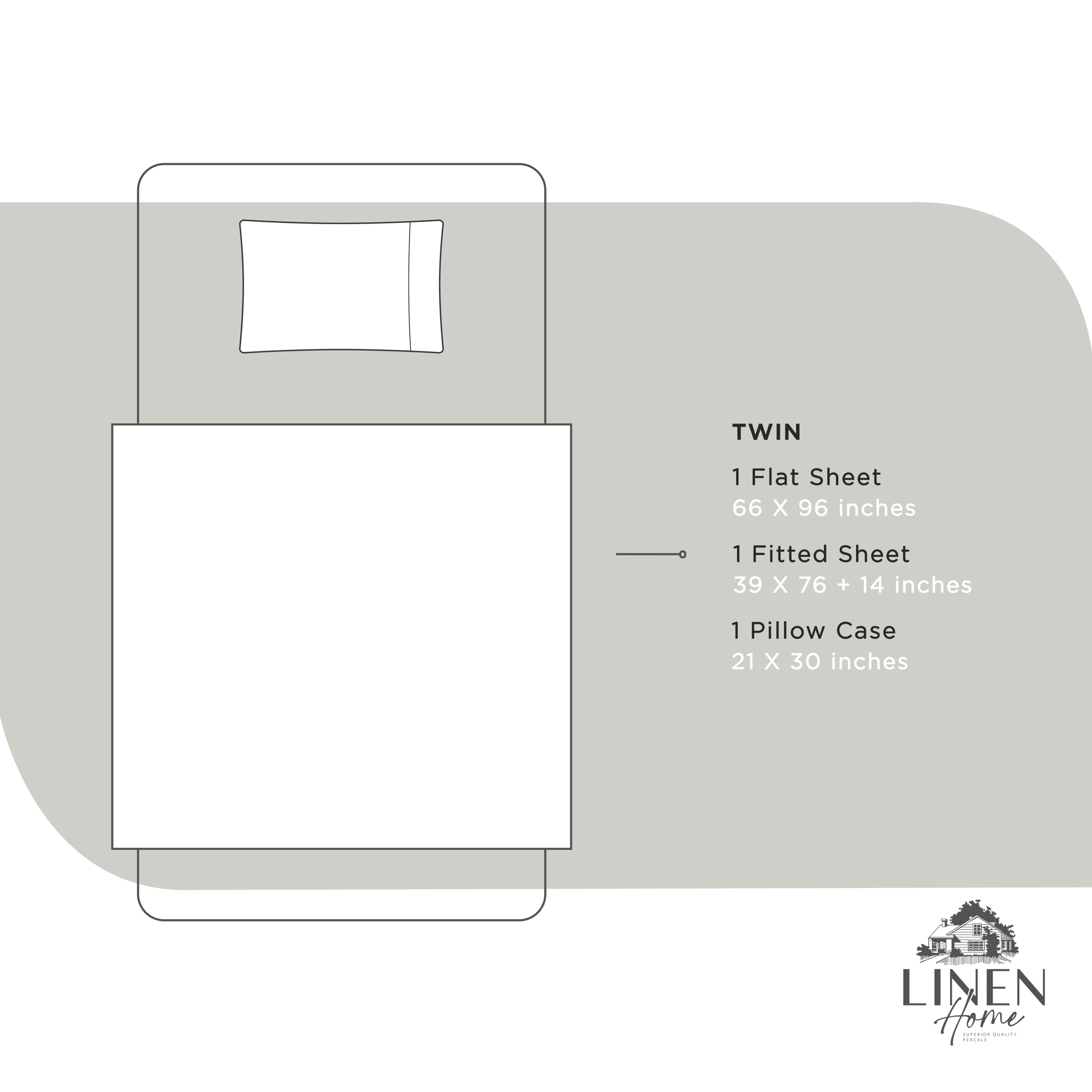 Linen Home 100% Cotton Percale Sheets Twin Size, White, Deep Pocket, 3 Pieces Set - 1 Flat, 1 Deep Pocket Fitted Sheet and 1 Pillowcase, Crisp Cool and Strong Bed Linen