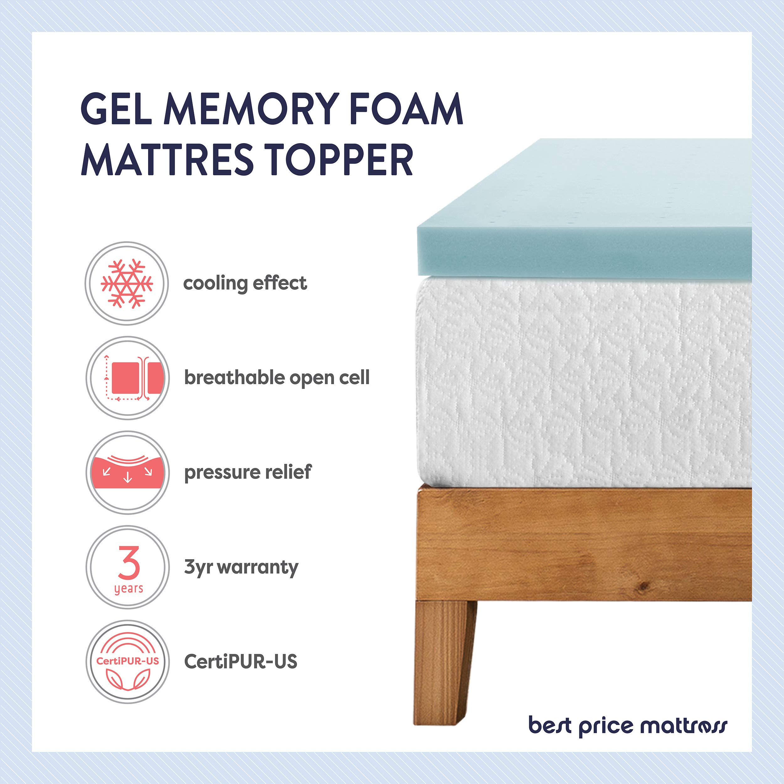 Best Price Mattress 4 Inch Ventilated Memory Foam Mattress Topper, Cooling Gel Infusion, CertiPUR-US Certified, Short Queen Light Blue