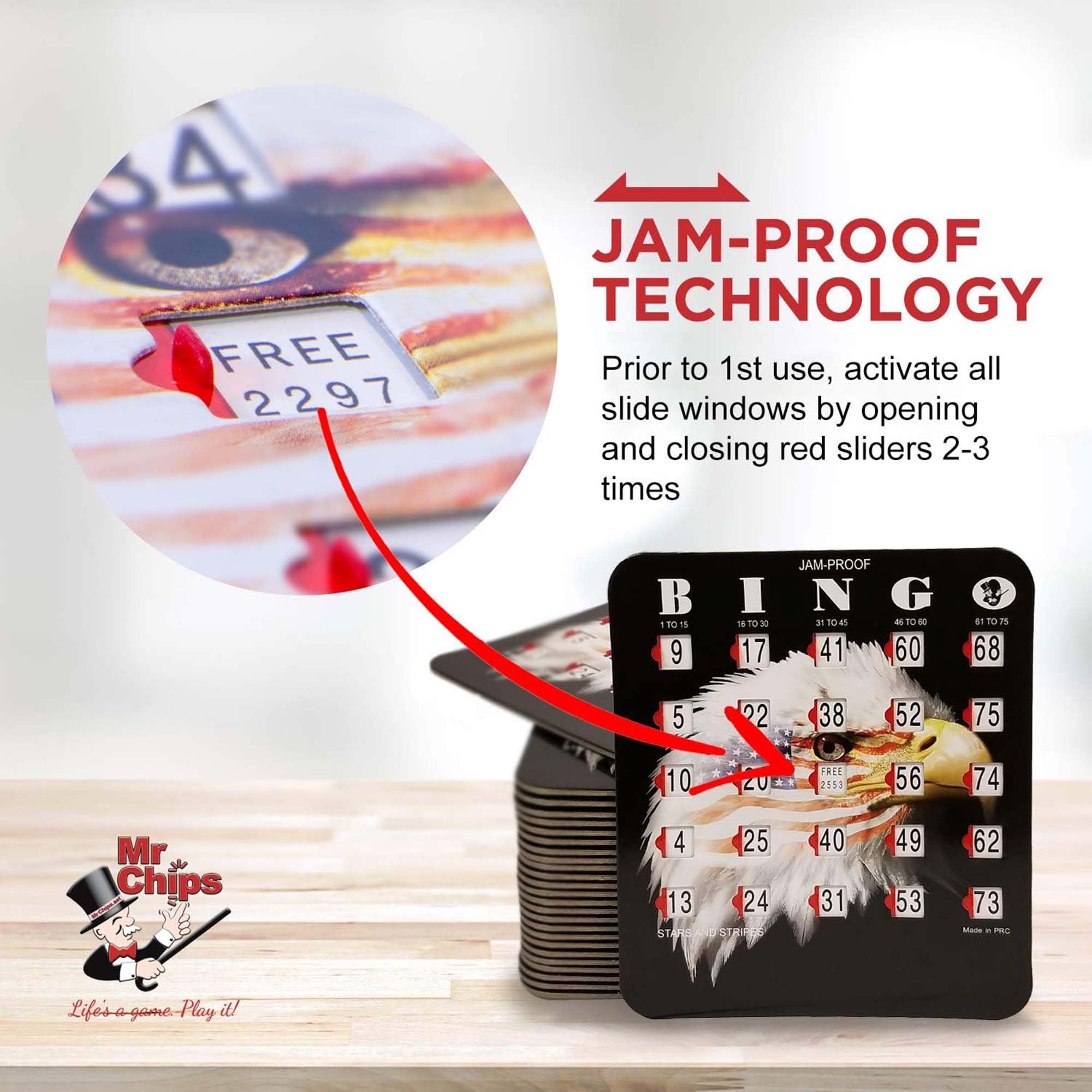 MR CHIPS Jam-Proof Fingertip Bingo Cards with Sliding Windows 50 Pack in Stars & Stripes Design