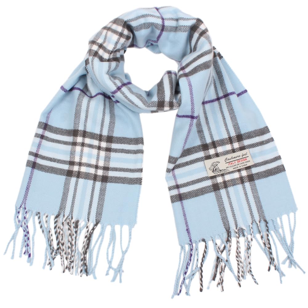 TZ Promise Plaid Cashmere Feel Classic Soft Luxurious Winter Scarf For Men Women (Baby Blue)