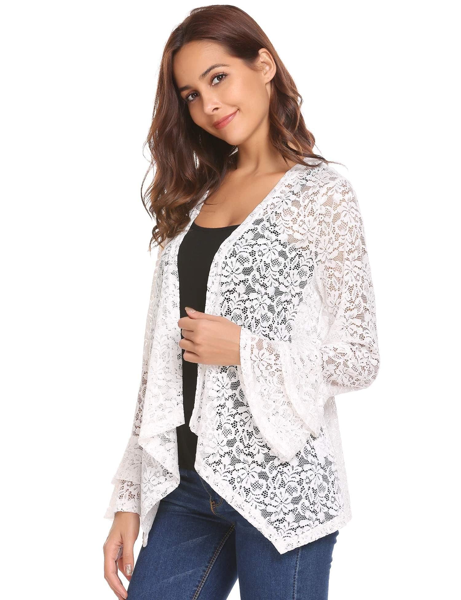 Deawell Womens Ruffle Sleeve Lace Cardigans Ladies Sheer See Through Cover Up Jacket (White, M)