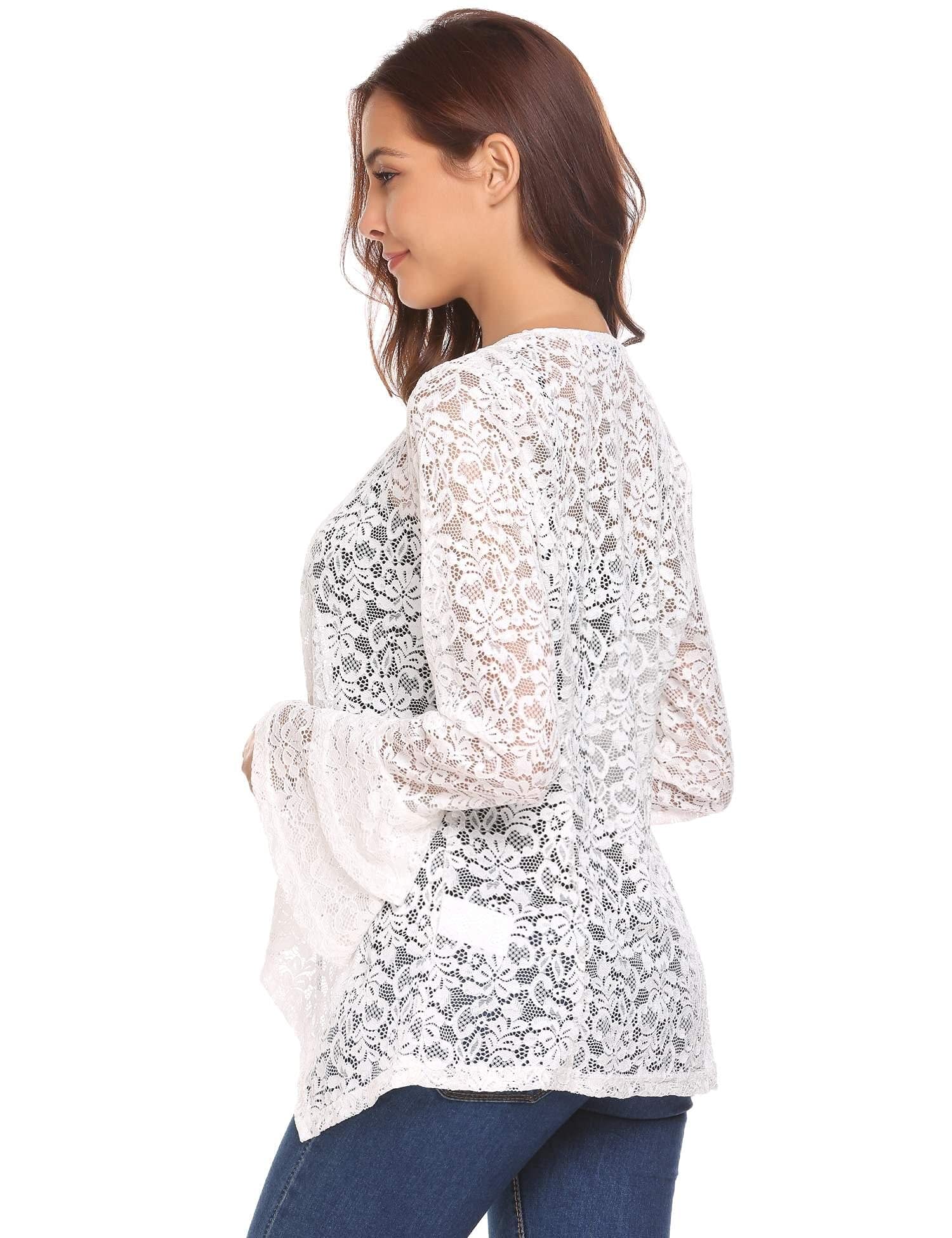 Deawell Womens Ruffle Sleeve Lace Cardigans Ladies Sheer See Through Cover Up Jacket (White, M)