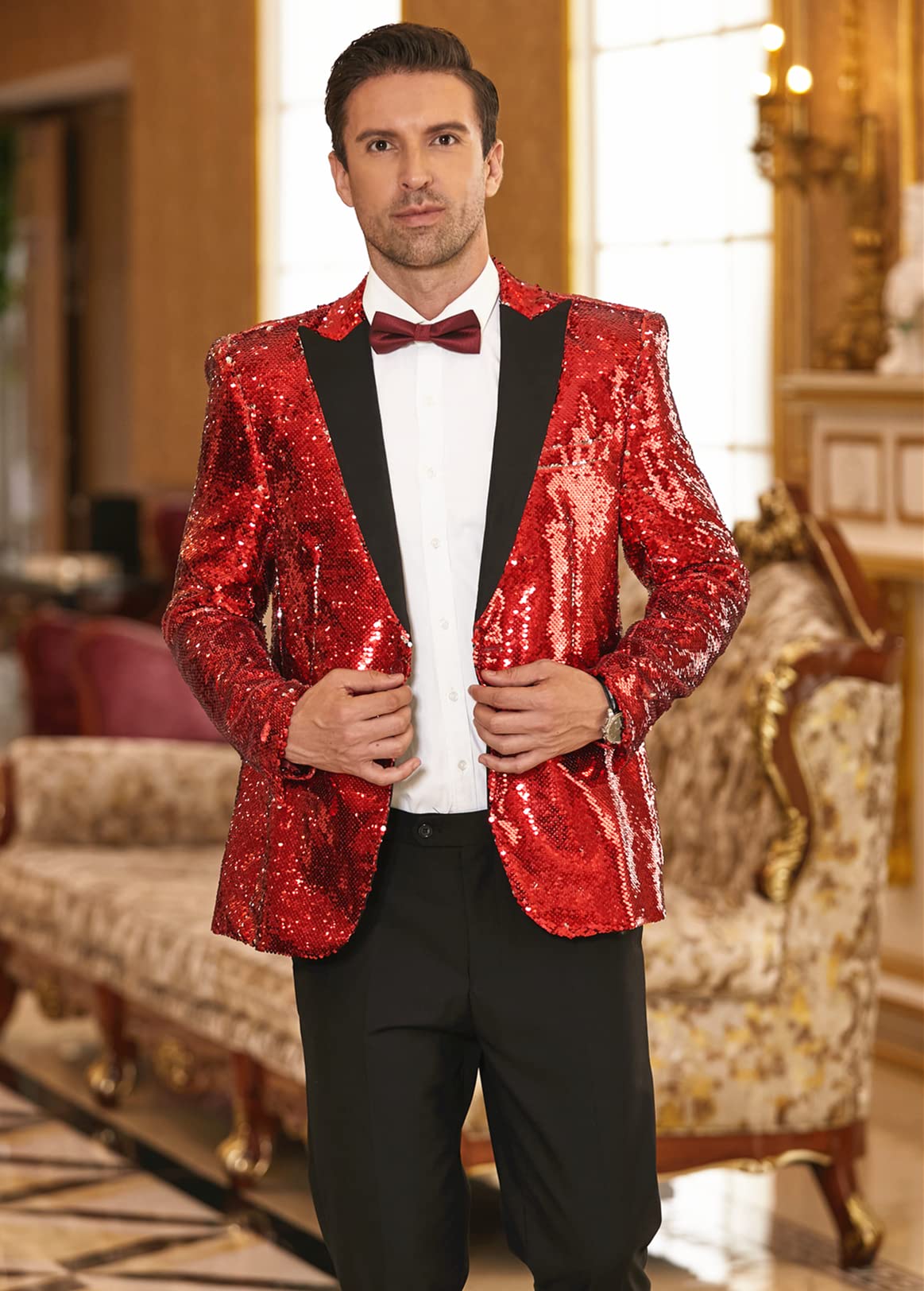 COOFANDY Mens Sequin Suit Jacket Stylish Shawl Lapel Glitter Blazer Jacket with Pockets Red