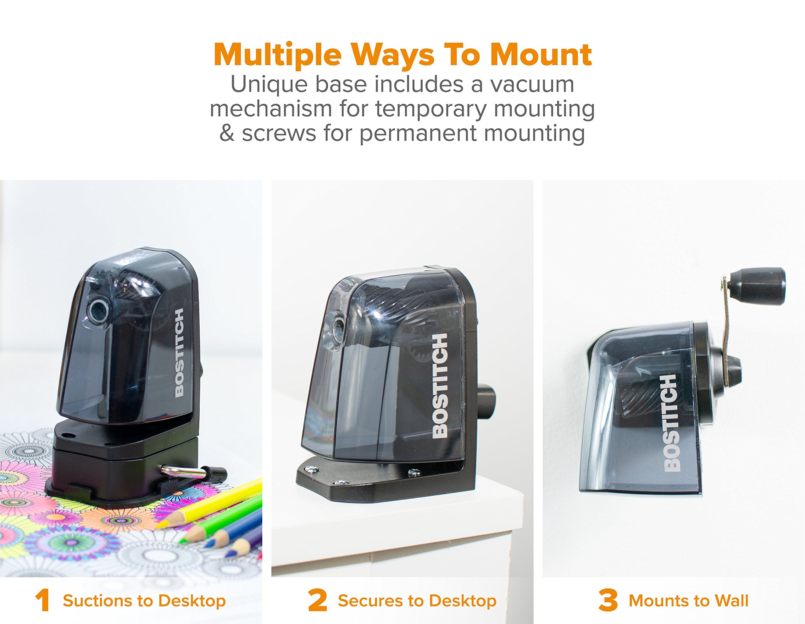 Bostitch Office Multi-Mount Manual Pencil Sharpener, Vacuum Mount or Screw Mount, Black (MPS2-BLK)