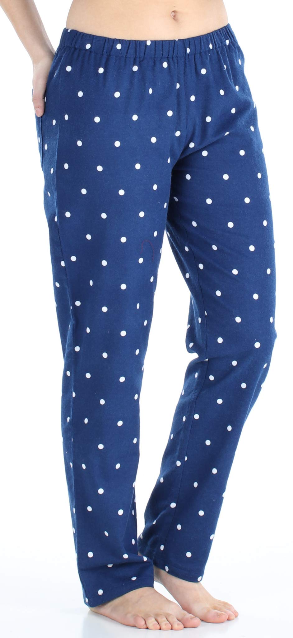 PajamaMania Women's Cotton Flannel Long Sleeve Button-Down Pajamas PJ Set, Navy Polka Dot, Medium