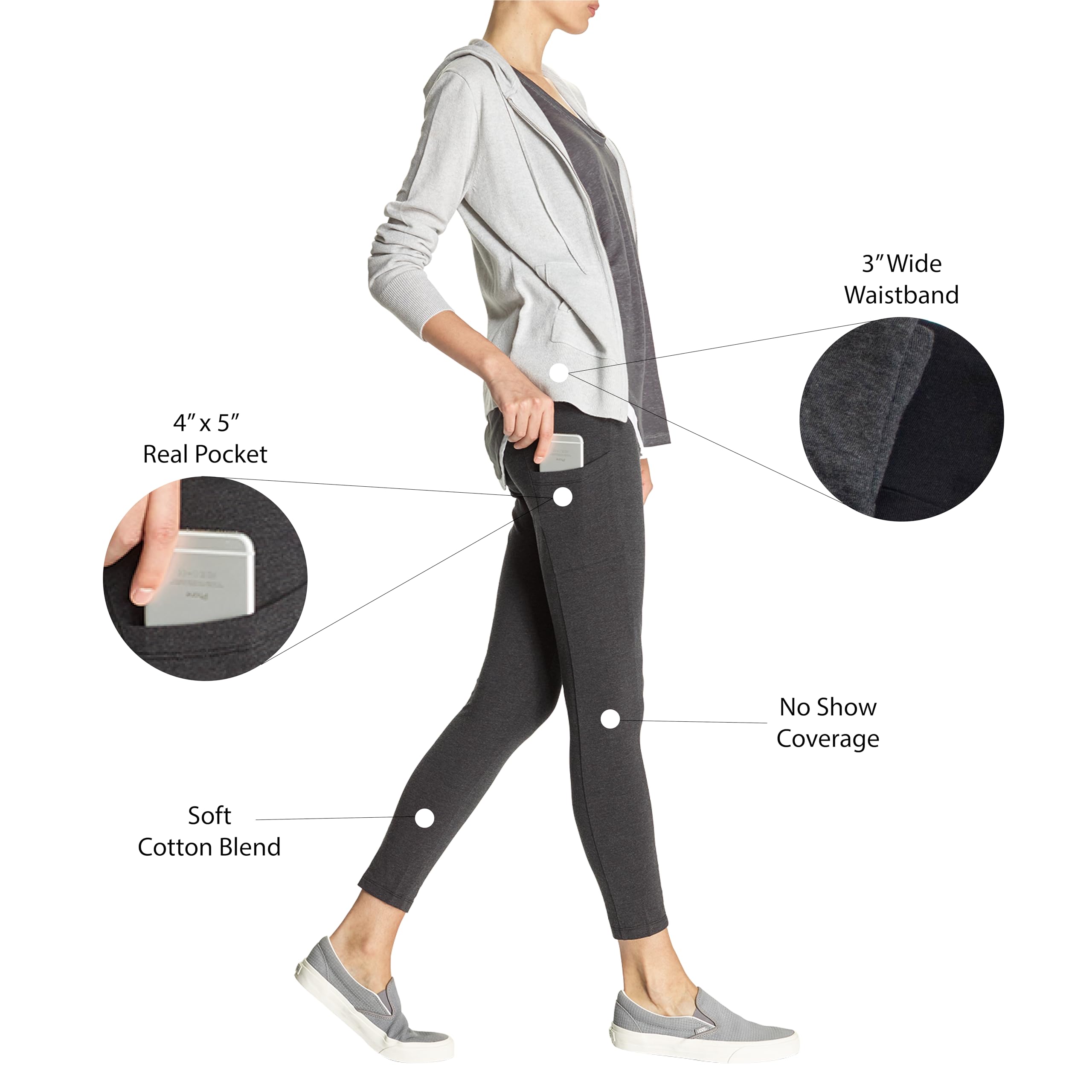 No nonsense Women’s Leggings with Pockets, High Waisted Soft Cotton Leggings, Black, Large