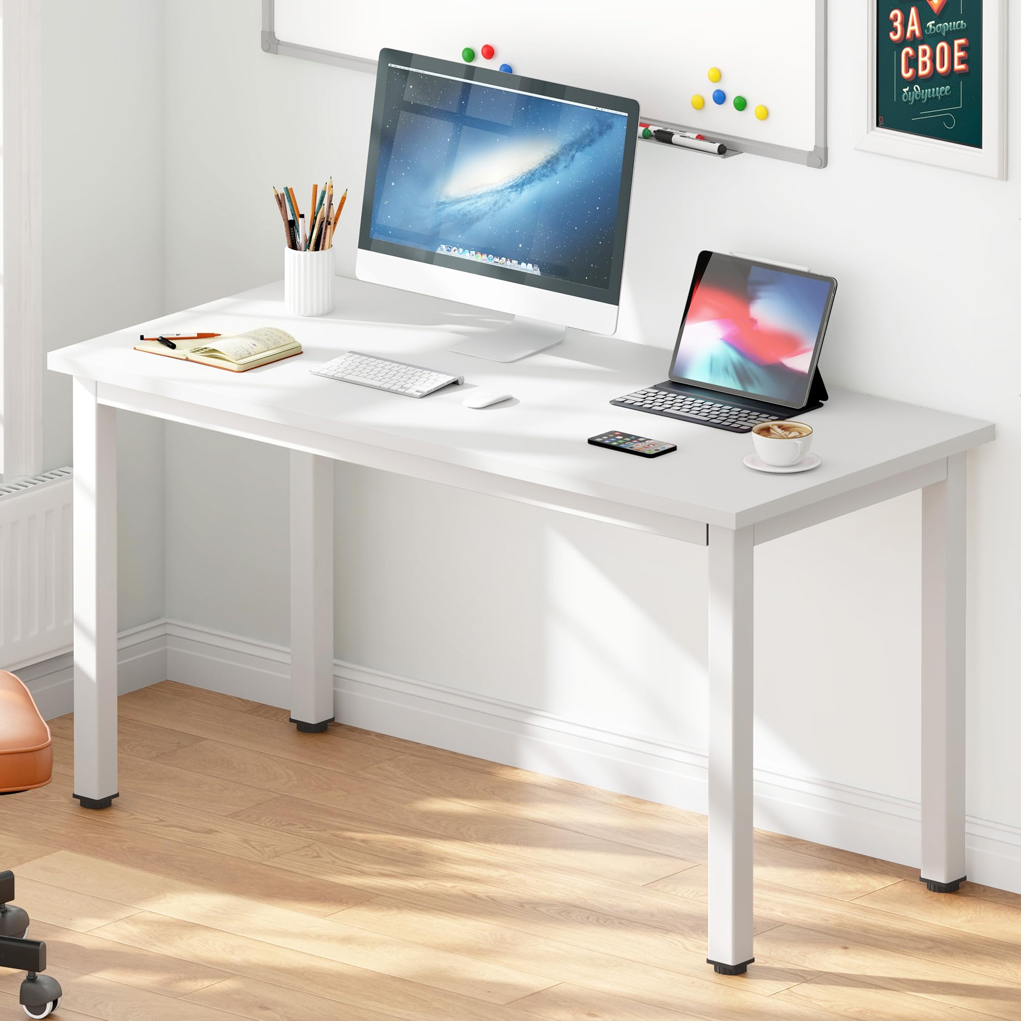 DlandHome 47 inches Medium Computer Desk, Home Composite Wood Board Desk, Decent and Steady Home Office School Desk/Workstation/Table, BS1-120WW White and White Legs, 1 Pack