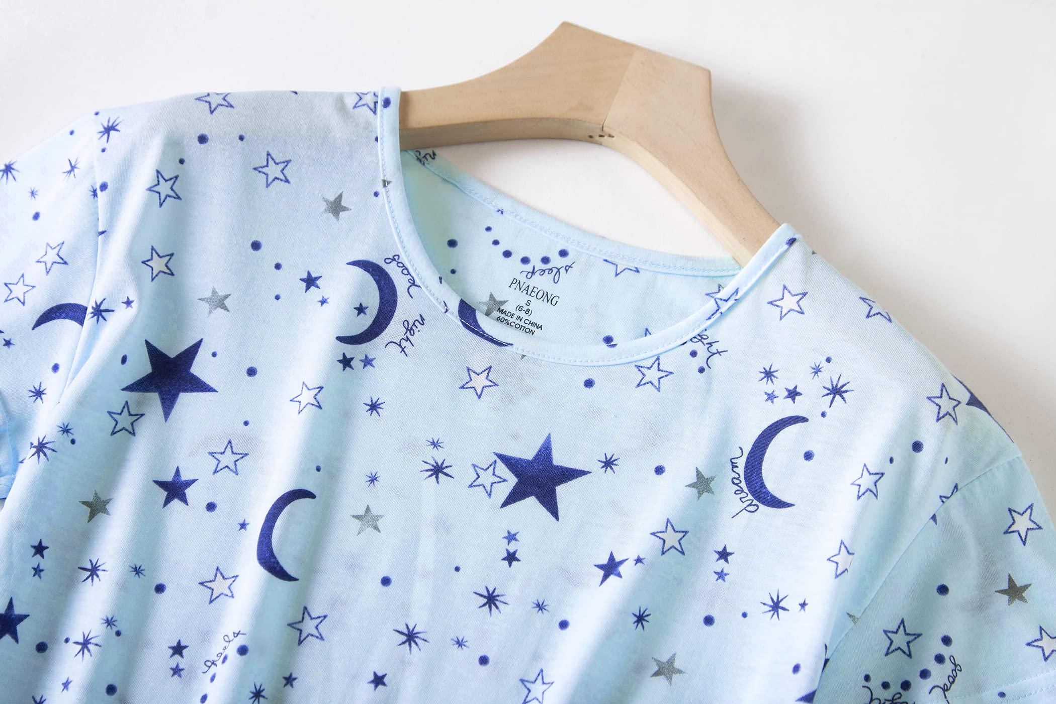 PNAEONG Women’s Pajama Set - Cotton-Blend Short-Sleeve Loose Top with Matching Capri Bottoms SY215-Blue Star-L