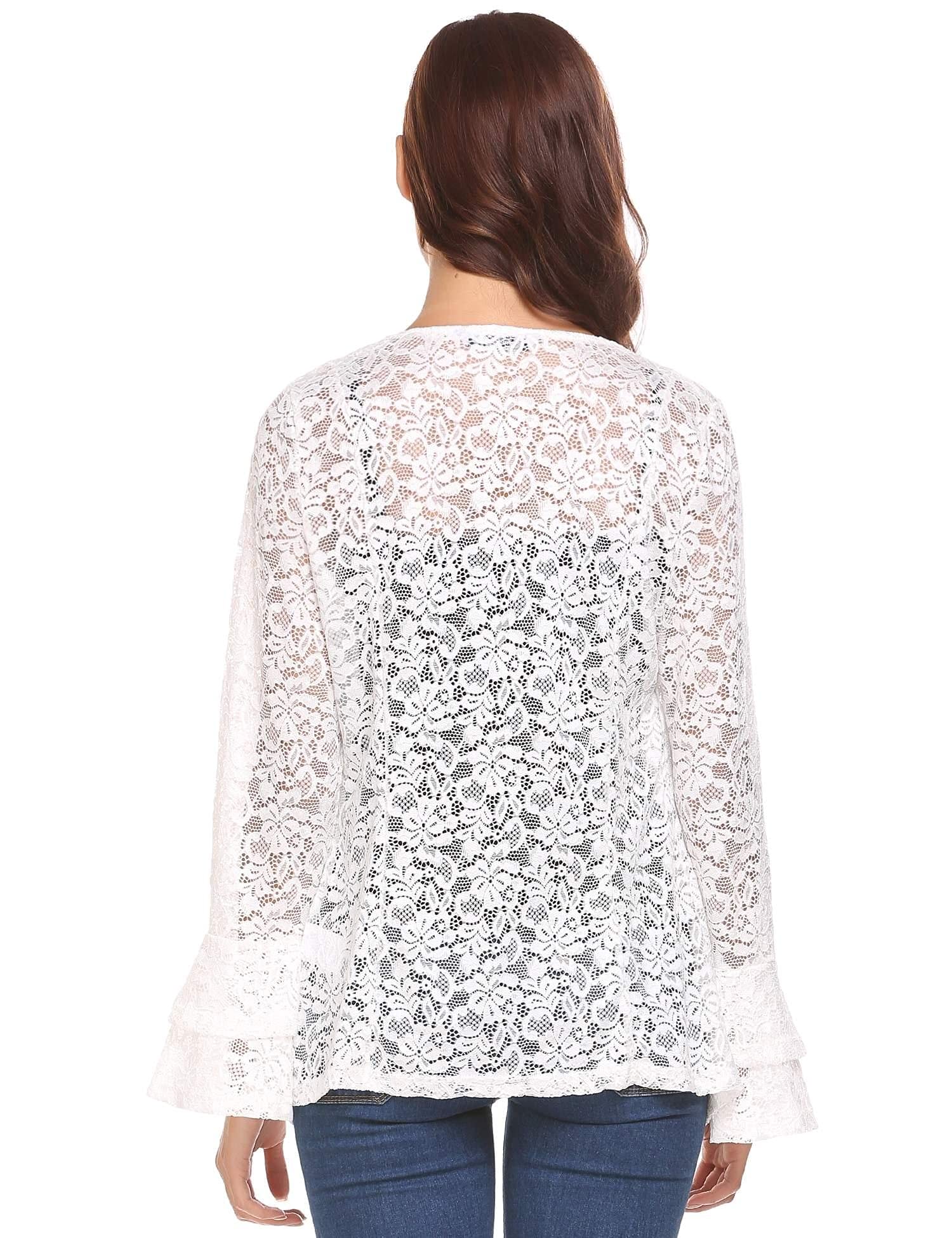 Deawell Womens Ruffle Sleeve Lace Cardigans Ladies Sheer See Through Cover Up Jacket (White, M)