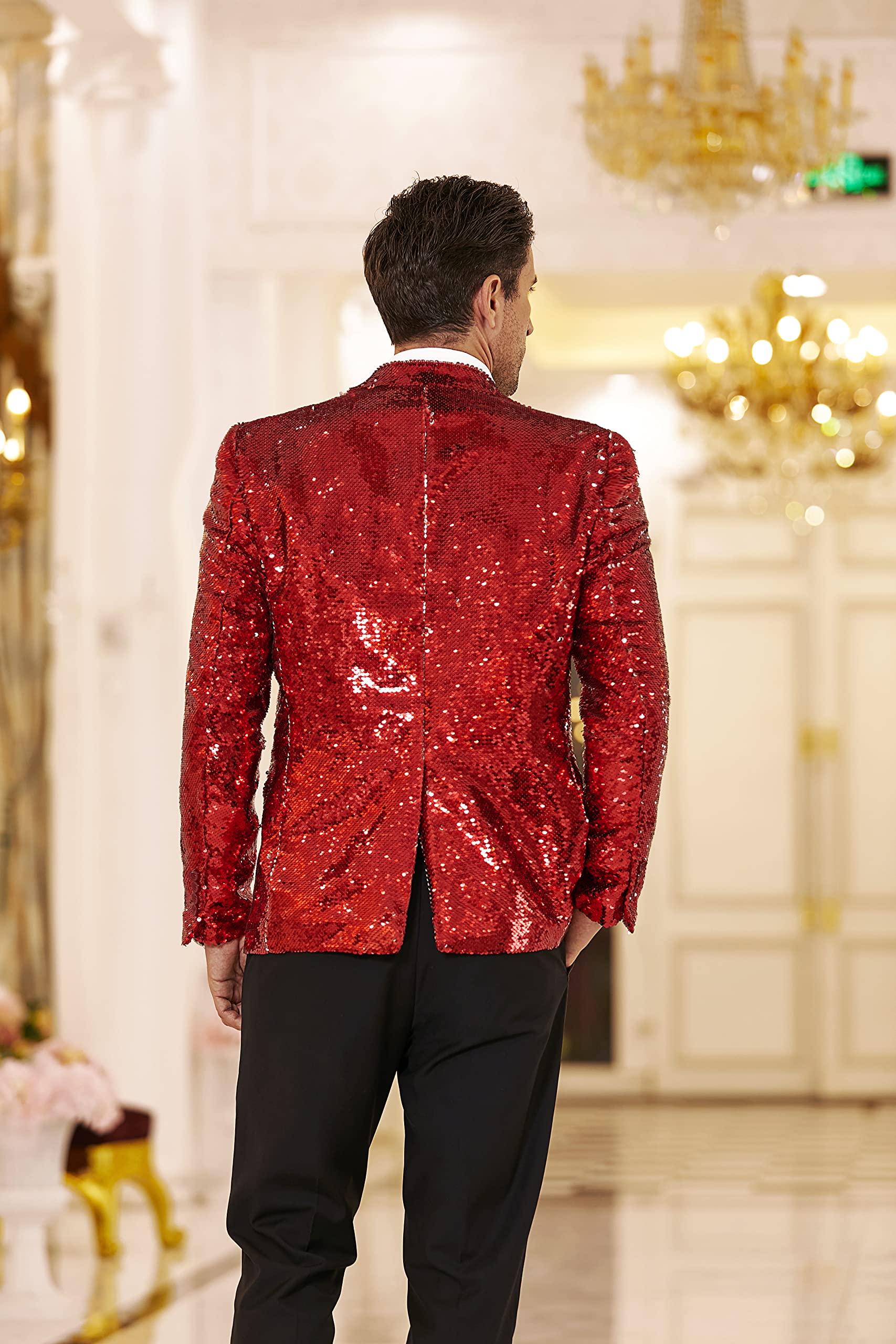 COOFANDY Mens Sequin Suit Jacket Stylish Shawl Lapel Glitter Blazer Jacket with Pockets Red